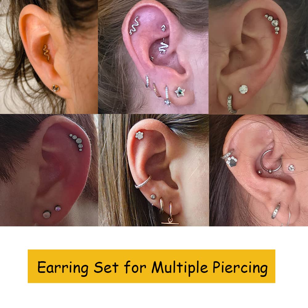Jstyle 9 Pcs 16G Cartilage Earrings for Women 316L Stainless Steel CZ Dangle Conch Helix Tragus Flat Back Earrings Screw Back Ear Piercing Jewelry Studs