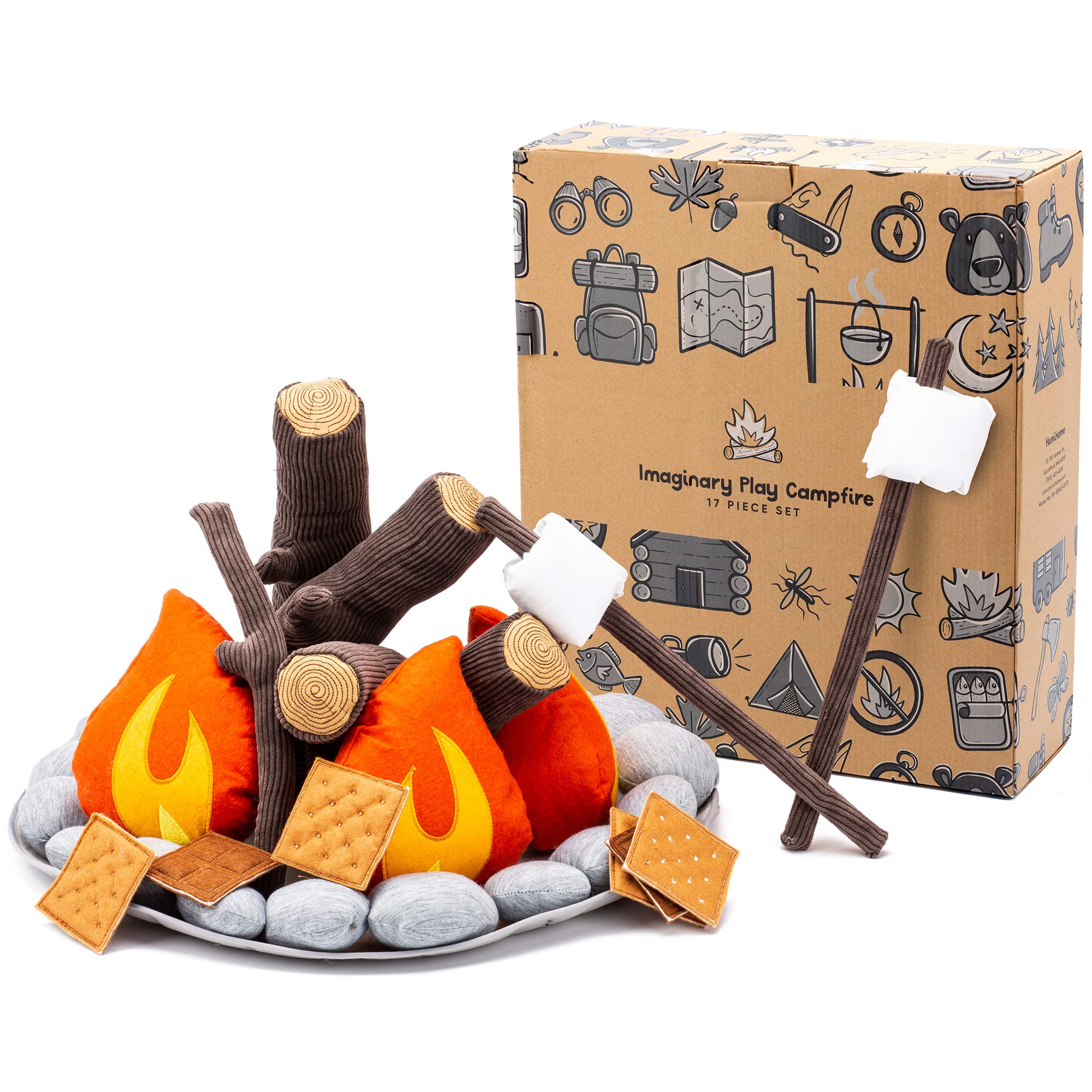 HUNIIHOME Pretend Campfire for Kids - Sensory Play Camping Toy Set with Plush Felt Fake Fire, Logs and Stones with Fake Food Marshmallow and S'Mores - 17 Piece Set