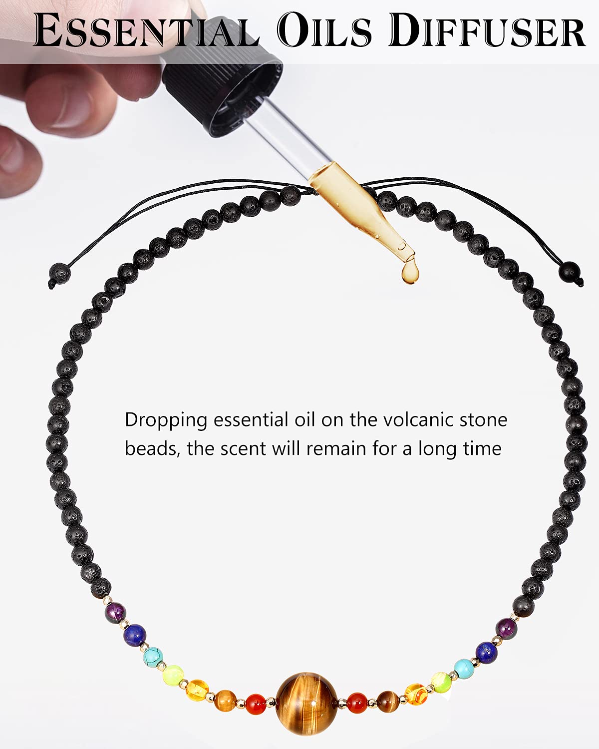 Jewever 7 Chakra Crystal Necklaces Healing Gem Stone Pendant Choker Necklace for Women Tiger Eye with Lava Rock Essential Oils Diffuser Energy Crystals Adjustable Strand(Yellow)