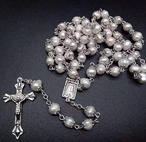 Jirehjill Rosary Beads Catholic for Woman - Pink Natural Real Pearl Rosary Beads.