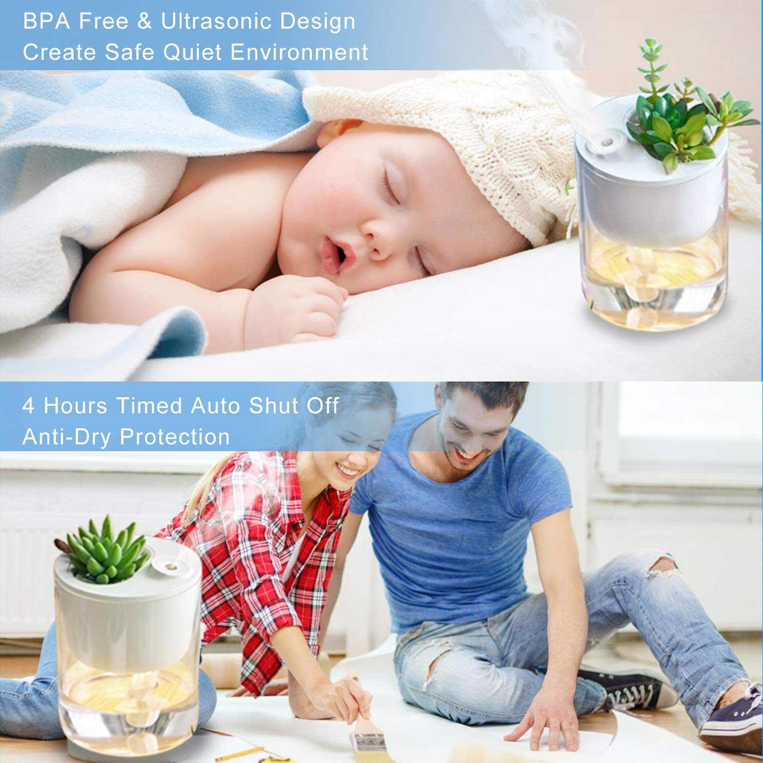 Humidifiers, DCMEKA Mini Small Humidifier for Bedroom, USB Cool Mist Humidifier for Plants, Personal Portable Humidifier with Night Light for baby, office, Whisper Quiet, 4H Timed Auto-off(White)