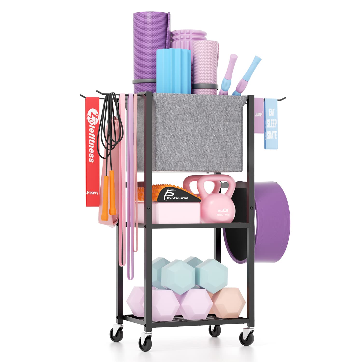 Home Gym Storage Organizer Yoga Mat Storage Workout Storage Organizer,Home Gym Storage Exercise Rack Gym Accessories with Hooks and Wheels