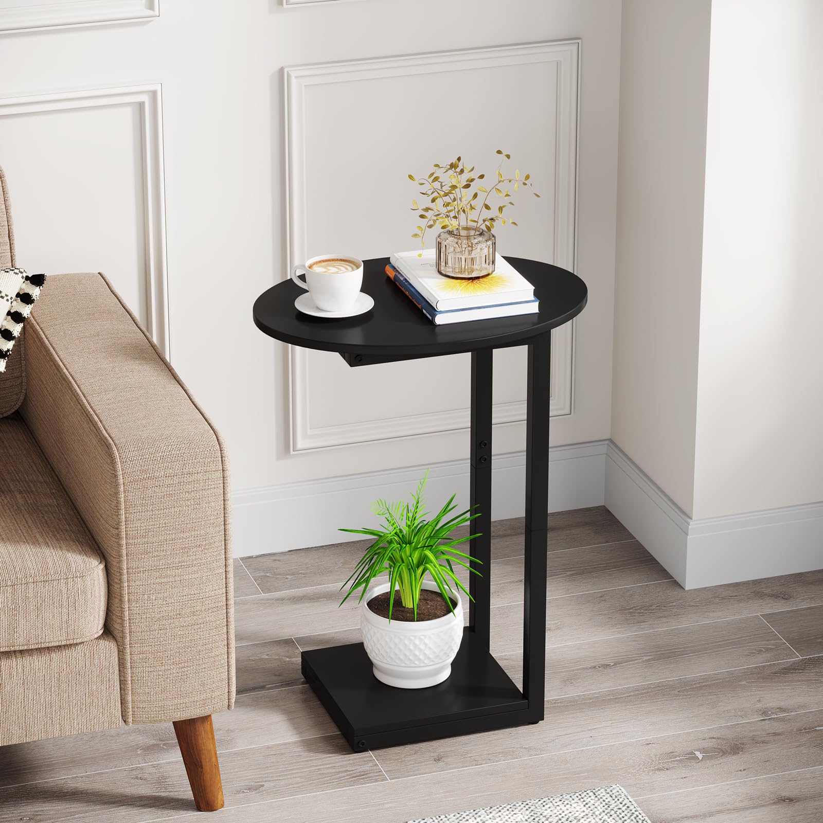 Hosfais Small Side Table End Table: C Shaped Oval Coffee Table, Wooden TV Tray for Living Room, Bedroom, Couch, Small Spaces (White)