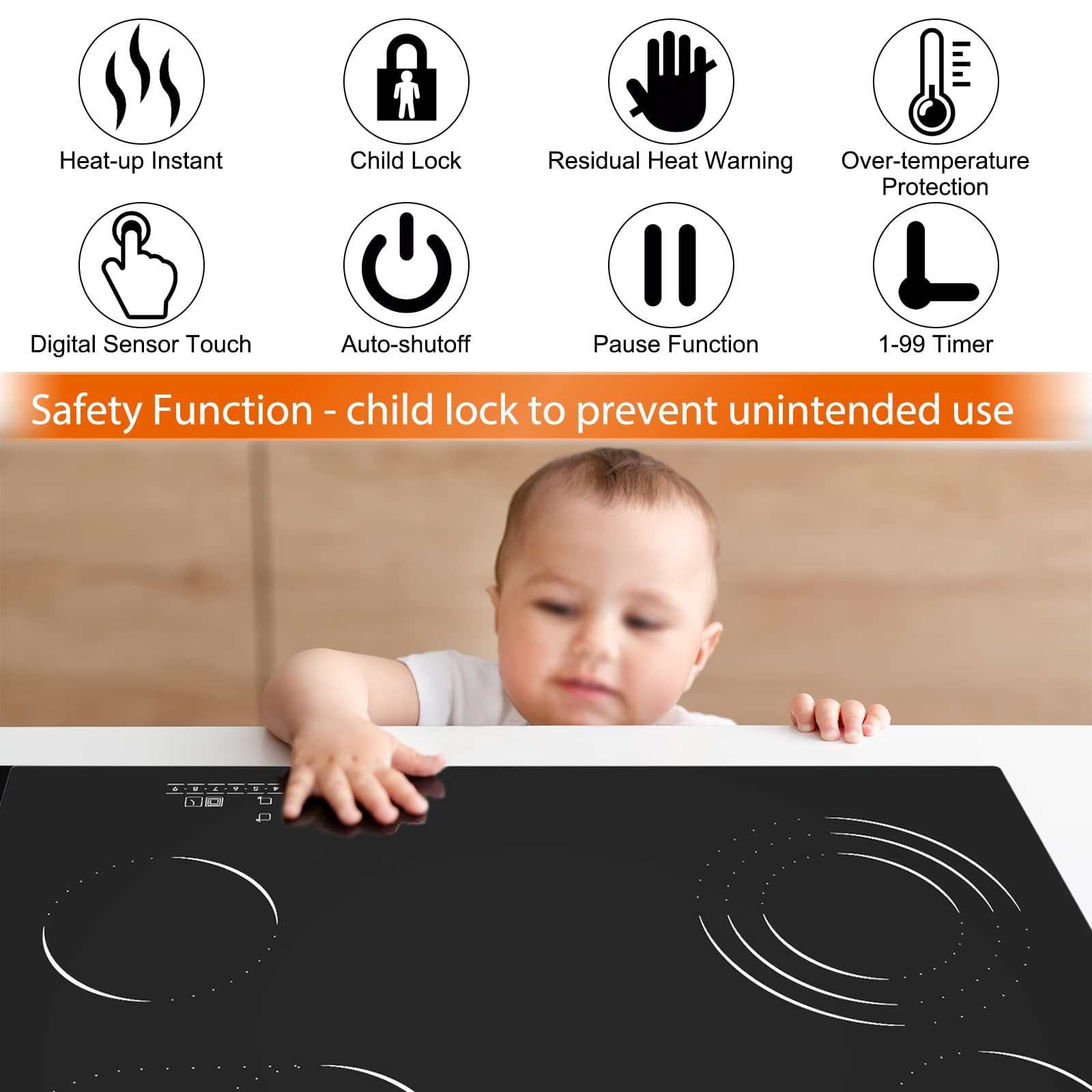 Homtone 4 Burner Electric Cooktop7200W, Radiant Electric Stove, Built-in Electric Ceramic Cooker, Glass Surface Sensor Touch Control, Timer & Child Lock, 220V-240V Hard Wire