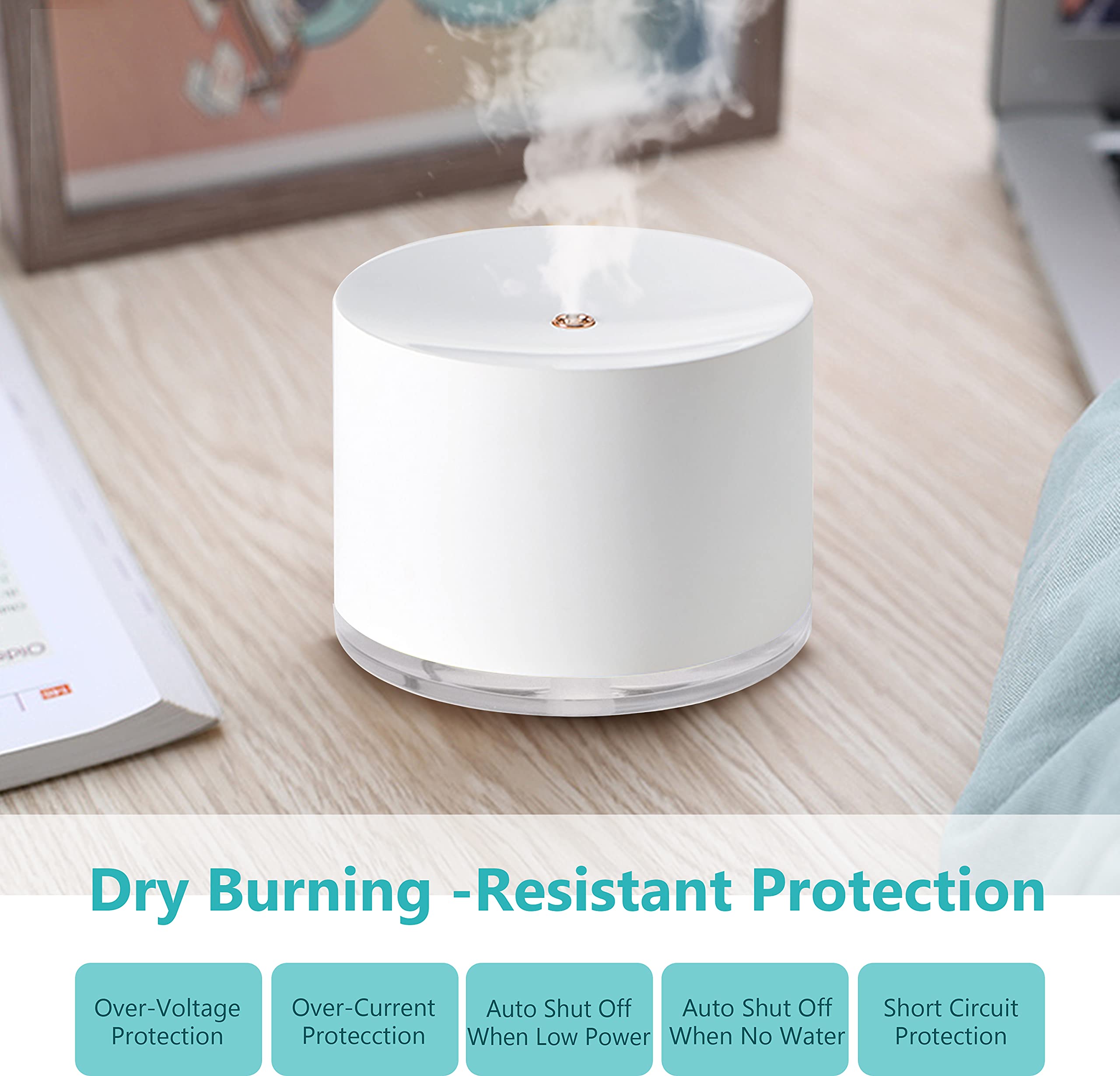 Humidifiers for Bedroom, USB Portable Desk Humidifier with LED Warm Night Light, Cool Mist Humidifiers 780ml Rechargeable with 2 Mist Modes, Auto Shut-Off for Home, Office, Car