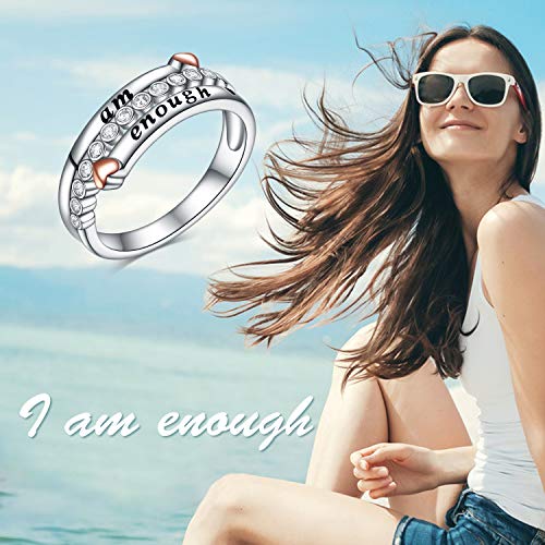 HUKKUN I am Enough Ring Sterling Silver Heart Adjustable Ring Inspirational Band Jewelry Gifts for Women (9)