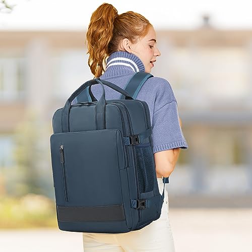 InduSKY Large Travel Backpack for Women, 40L Carry On Backpack Airline Flight Approved with USB Charging Port Shoes Compartment, Personal Luggage Backpack 15.6 Inch Laptop Backpack(Beige+Navy Blue)