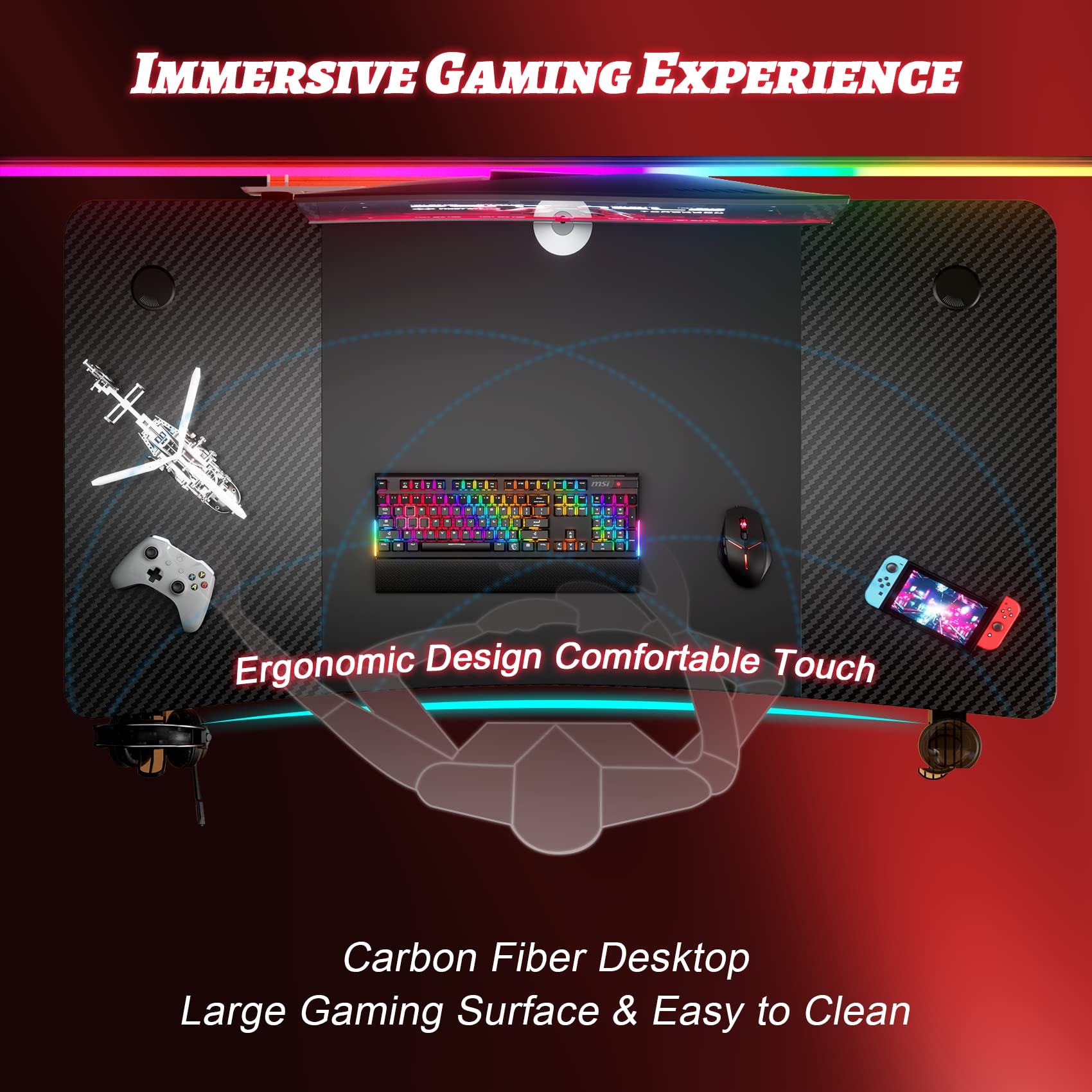 HLDIRECT 55 Inch Gaming Desk with Carbon Fibre Surface Large Computer Desk Gaming Table Ergonomic Pc Gaming Workstation Home Office Desks with Cup Holder & Headphone Hook