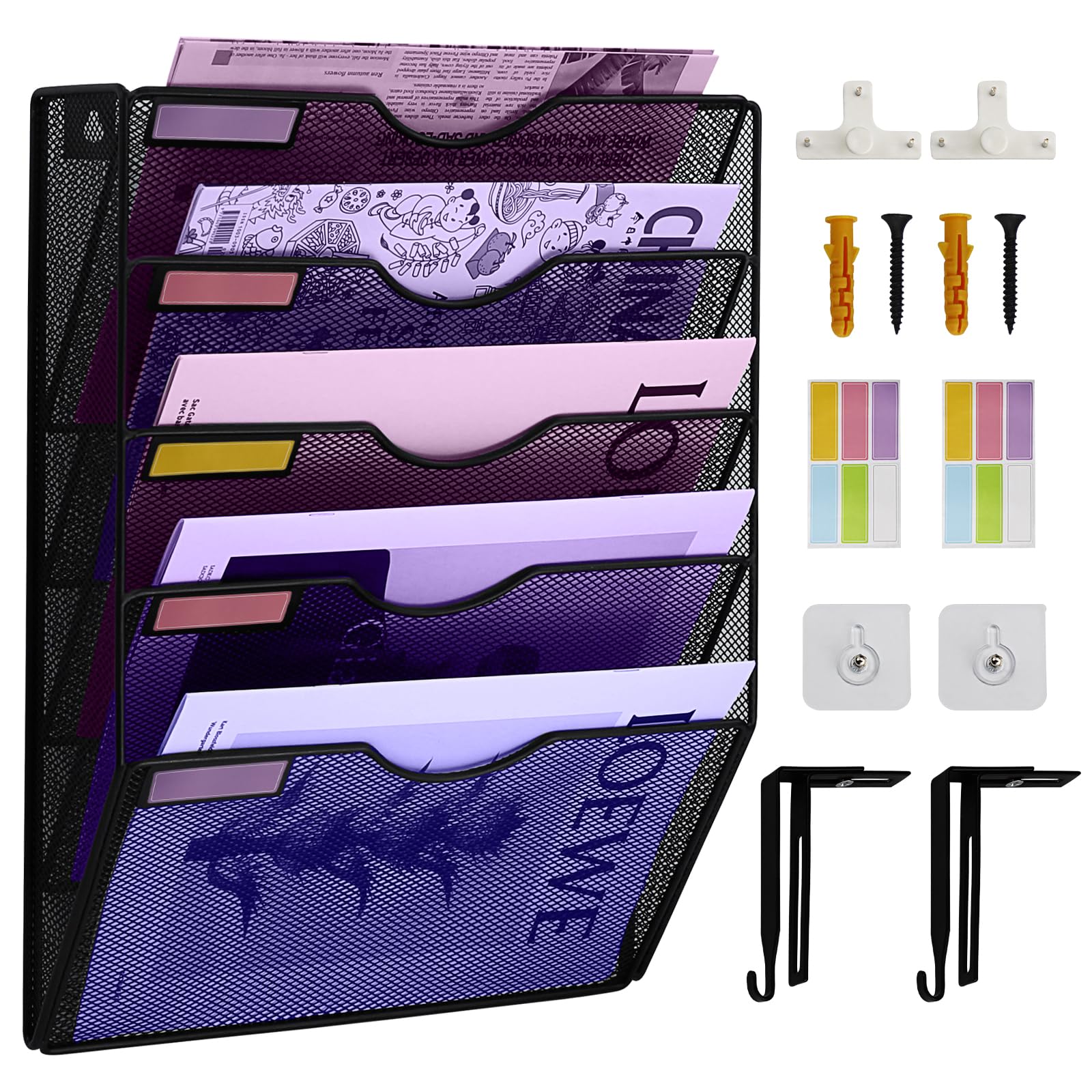 HMXLJJY Wall File Organizer 5 Pockets,Wall Mail Organizer,Vertical Wall Mounted Mesh Hanging File Holder Organizer,Mail Holder,Paper Organizer,Magazine Rack,Wall Organizer for Office Home(Black)