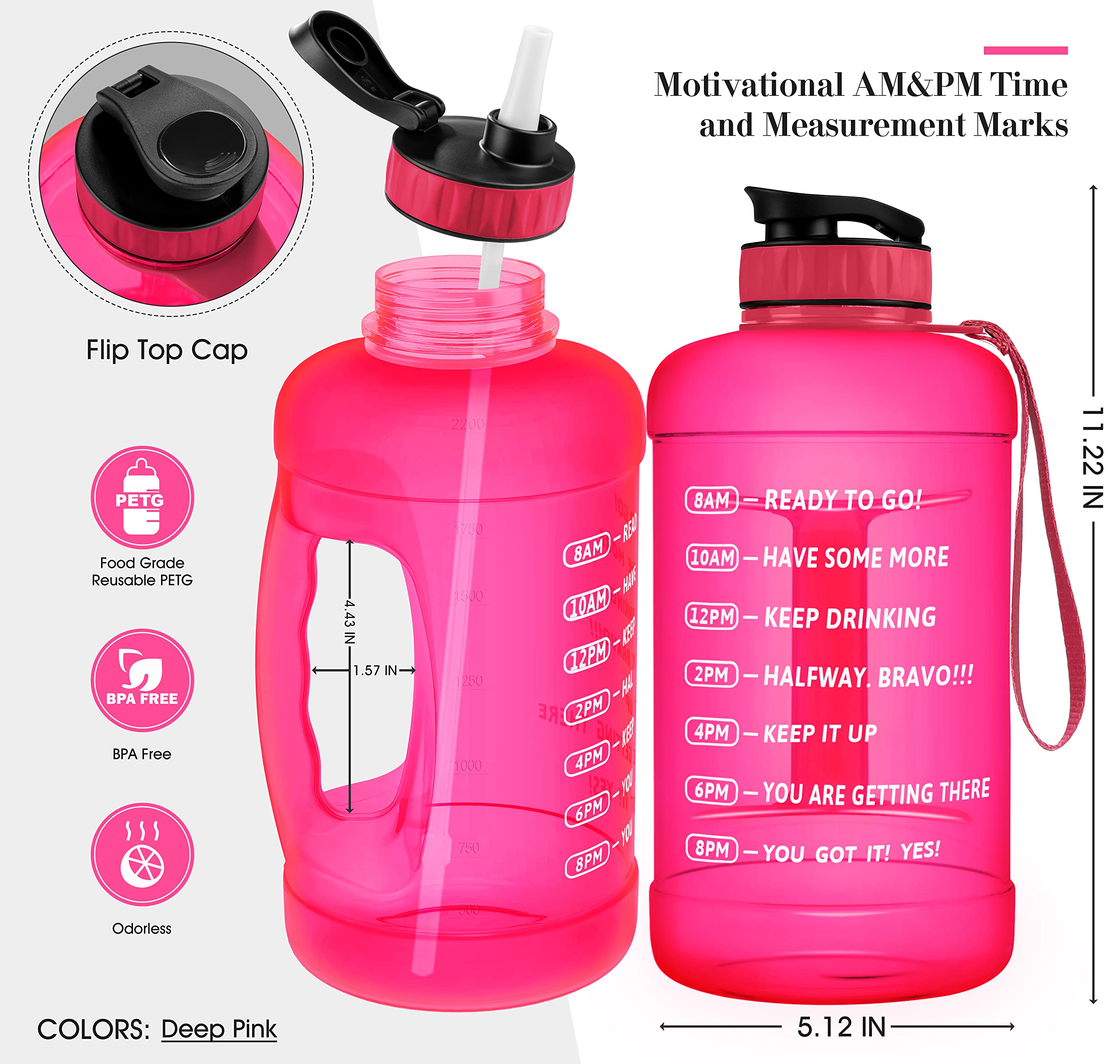 KEEPTO 64 oz Water Bottles with Times to Drink,BPA Free Motivational Gallon Water Jug with Straw,DeepPink