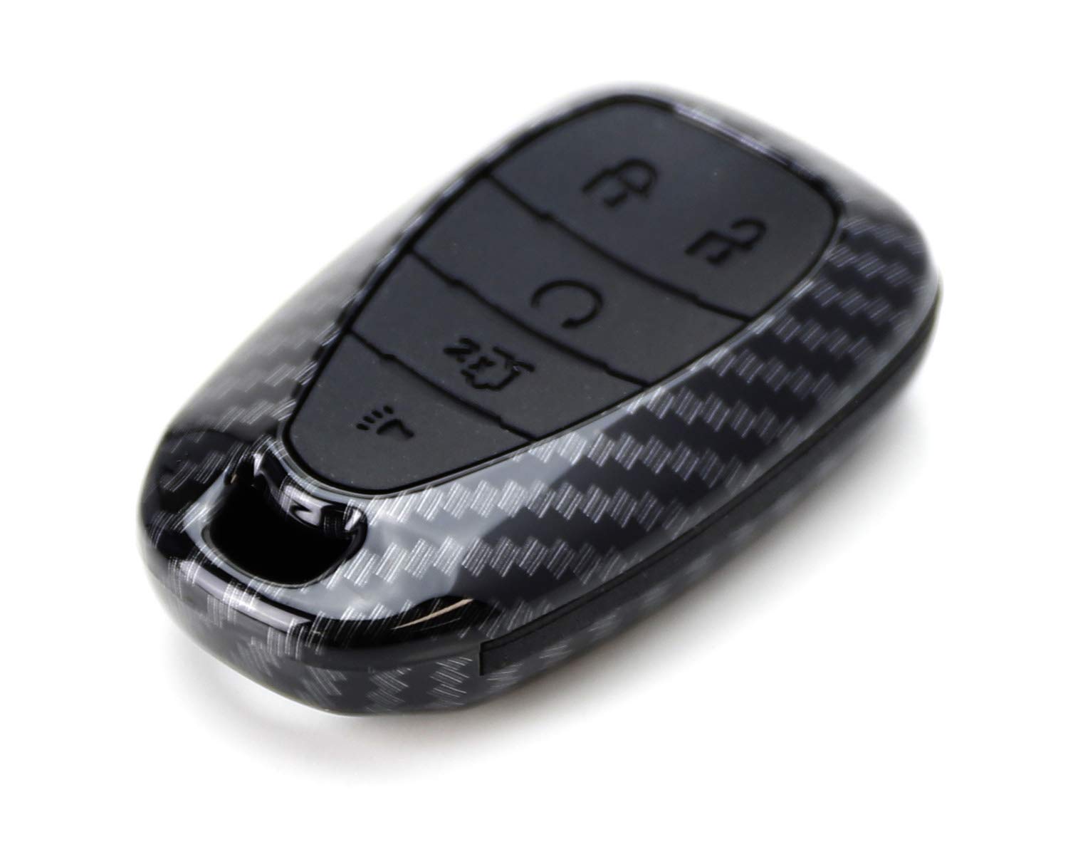 iJDMTOY Compatible with Chevy 2016-up Camaro Cruze, 2017-up Malibu Sonic, Carbon Fiber Hydrographic Printing Design Smart Key Fob Cover Shell w/Black Silicone Keypad Button Skin