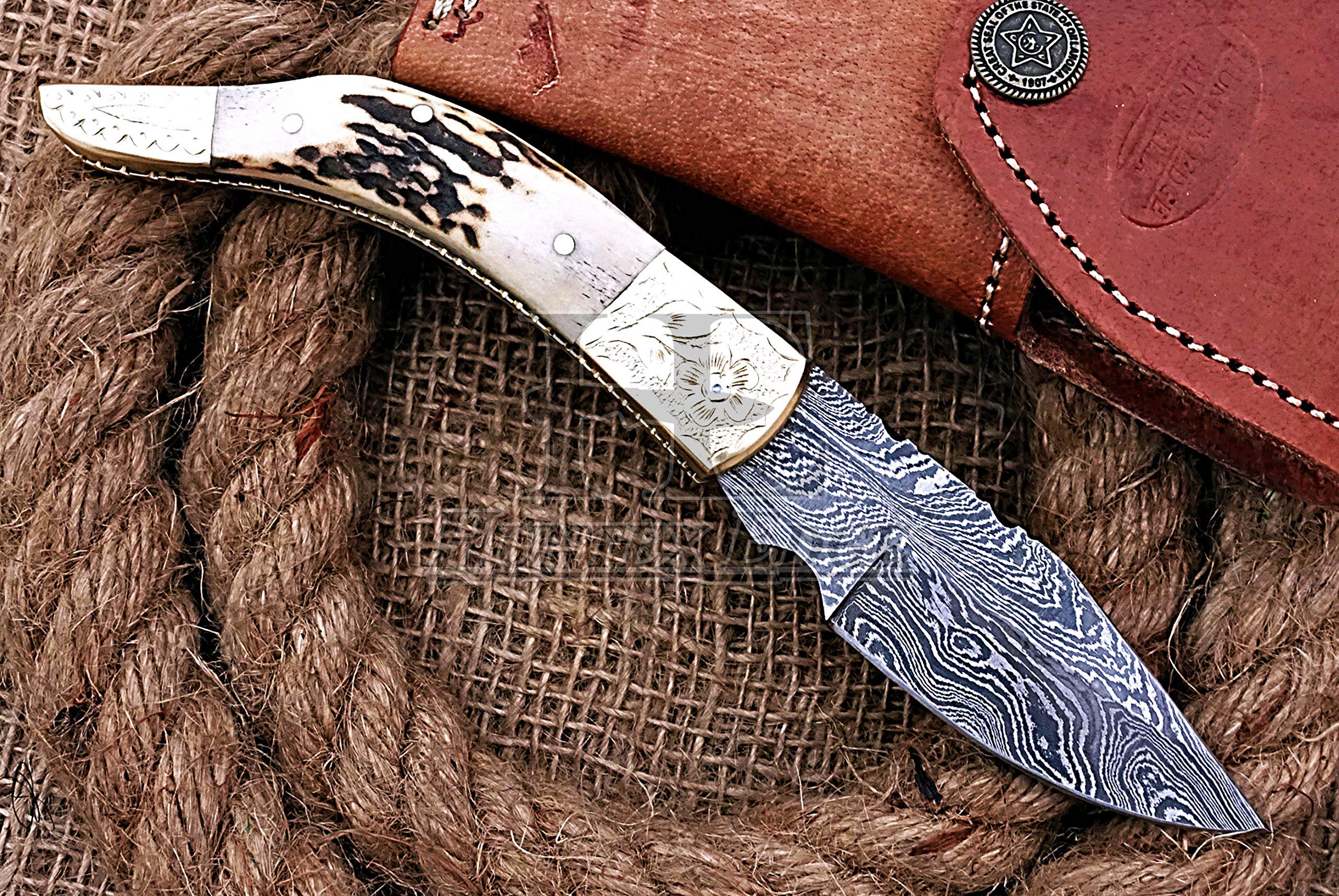 HUNTEX Custom Handmade Hand-Forged Twist Pattern Damascus Steel 3.7 Inch Long Natural Deer Antler Horn Handle Razor Sharp Hunting Camping Folding Pocket Knife with Genuine Leather Pouch