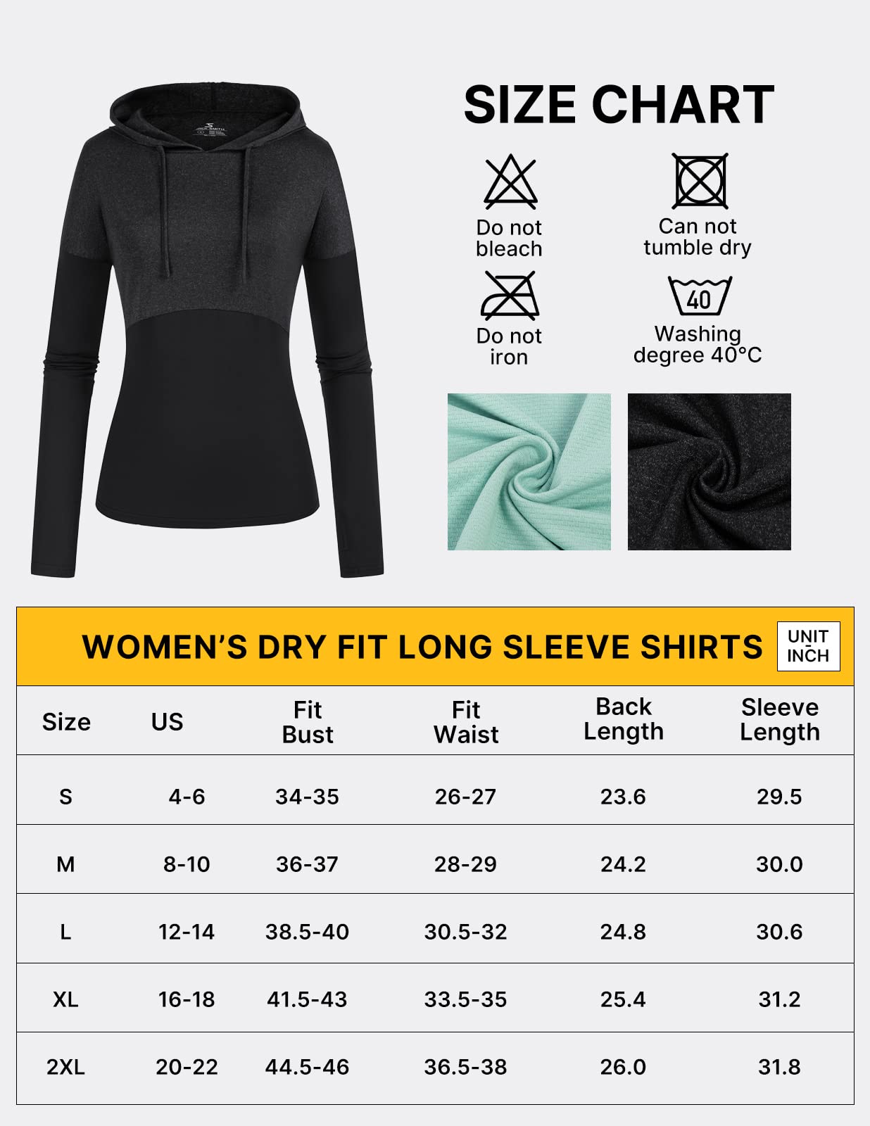 JACK SMITH Women's Quick Dry Shirts Long Sleeve for Hiking Workout UPF 50+ Lightweight Hoodie with Drawstring (Gray&Black #Thicker Fabric, S)