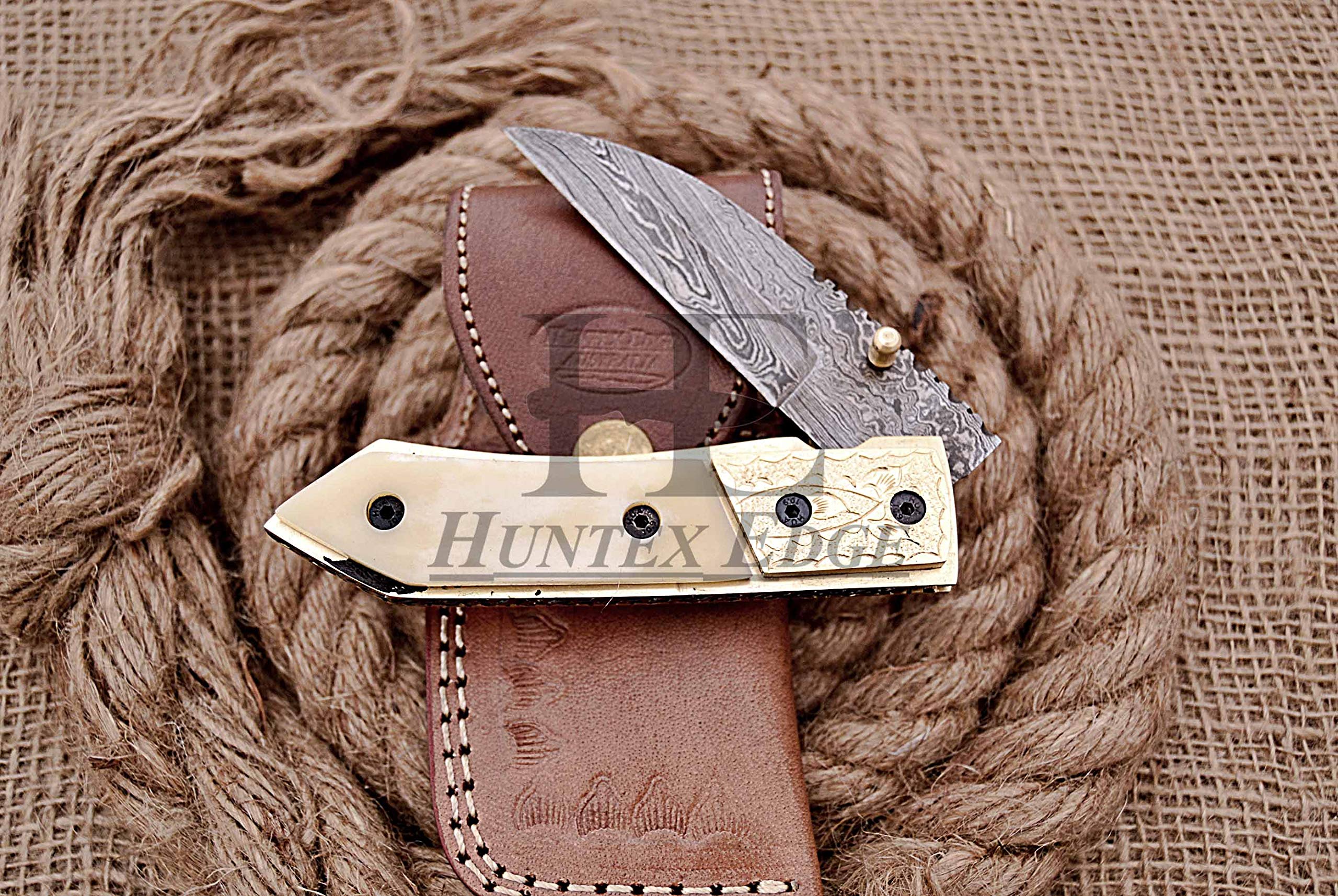 HUNTEX Custom Handmade Hand-Forged Twist Pattern Damascus Steel 4 Inch Long Natural Camel Bone Handle Razor Sharp Camp Hunting Folding Pocket Sheepsfoot Knife with Pocket Clip & Genuine Leather Pouch