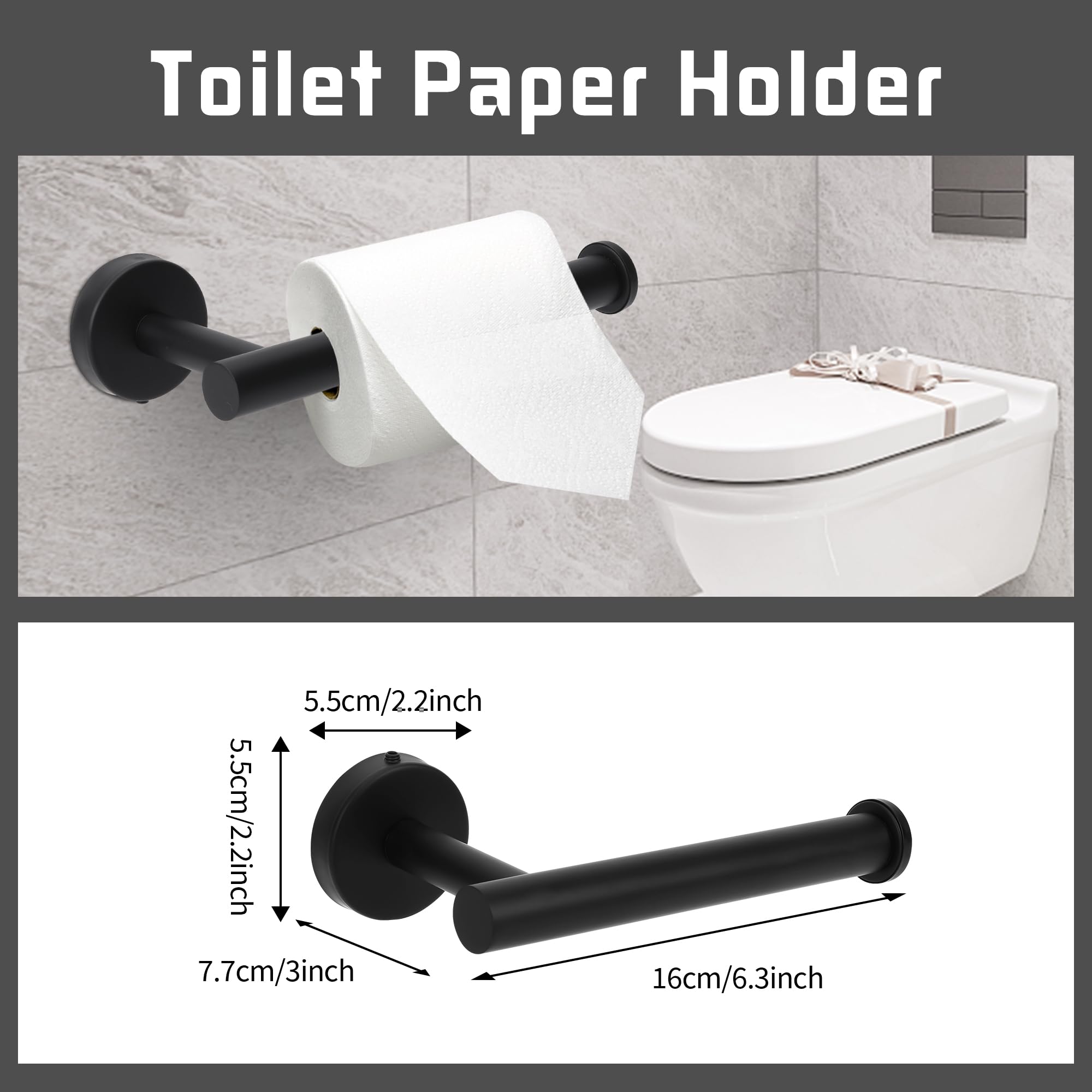 HAKJHAA Bathroom Hardware Set 4 Pieces - SUS 304 Stainless Steel Towel Rack Set - Includes 16In Towel Bar, Toilet Paper Holder, Towel Ring, Robe Towel Hooks - Wall Mounted Black