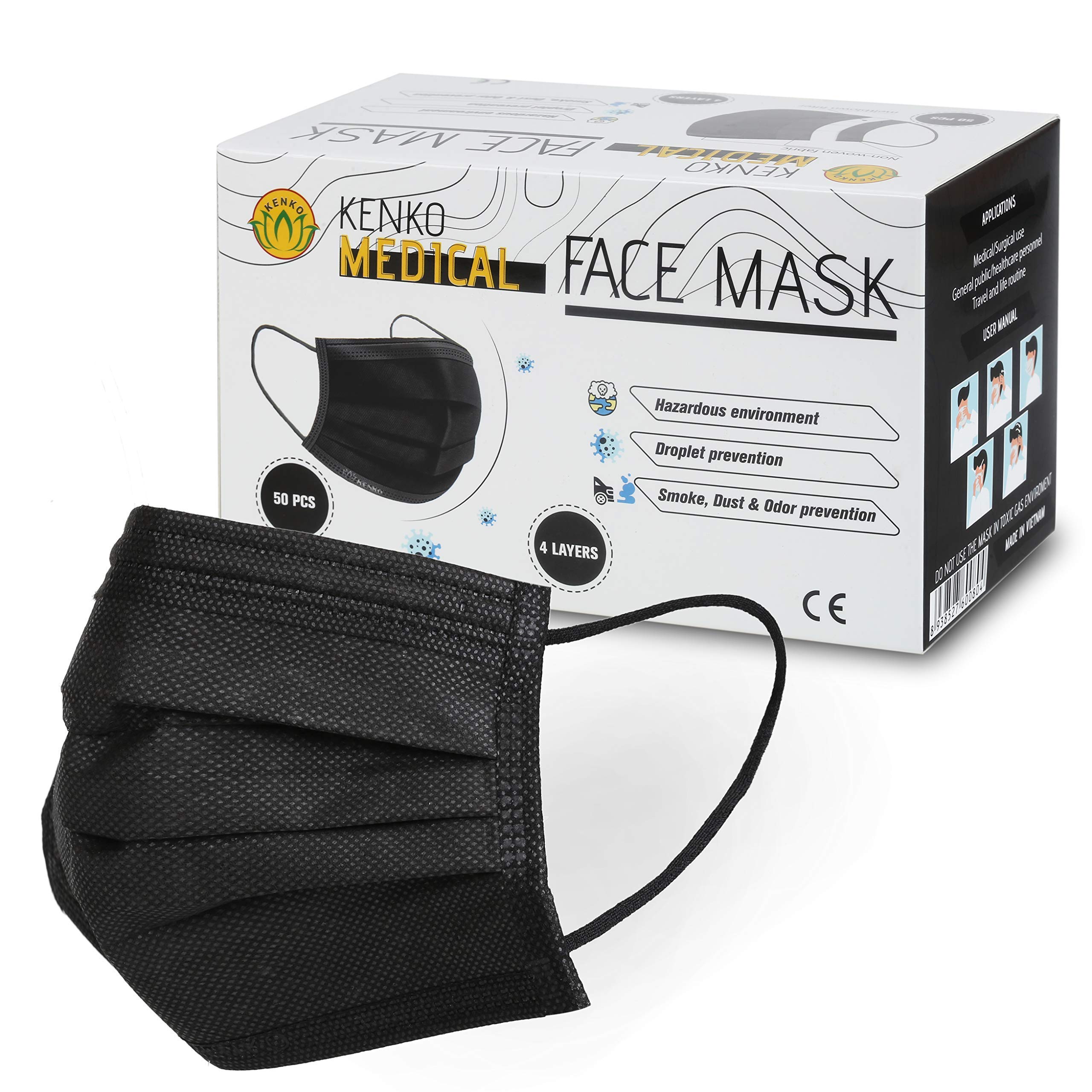 Kenko 50 pcs 4-ply MEDICAL Face Masks Black & 50 pcs Disposable 4-Ply Face Masks Black, Breathable & Comfortable Filter Safety Mask, Protection