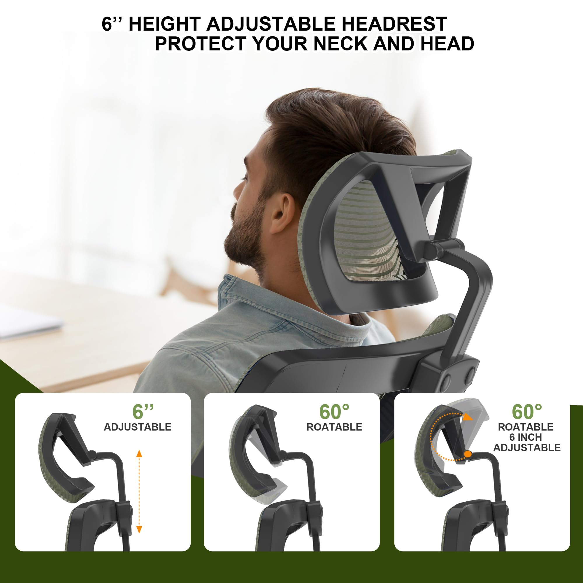 π―πΆπ΄π¬ πΆπππ°πͺπ¬ πͺπ―π¨π°πΉ, Ergonomic Mesh Desk Chair, High Back Computer Chair- Adjustable Headrest with Flip-Up Arms, Lumbar Support, Swivel Executive Task Chair (Hunter Green, Modern)