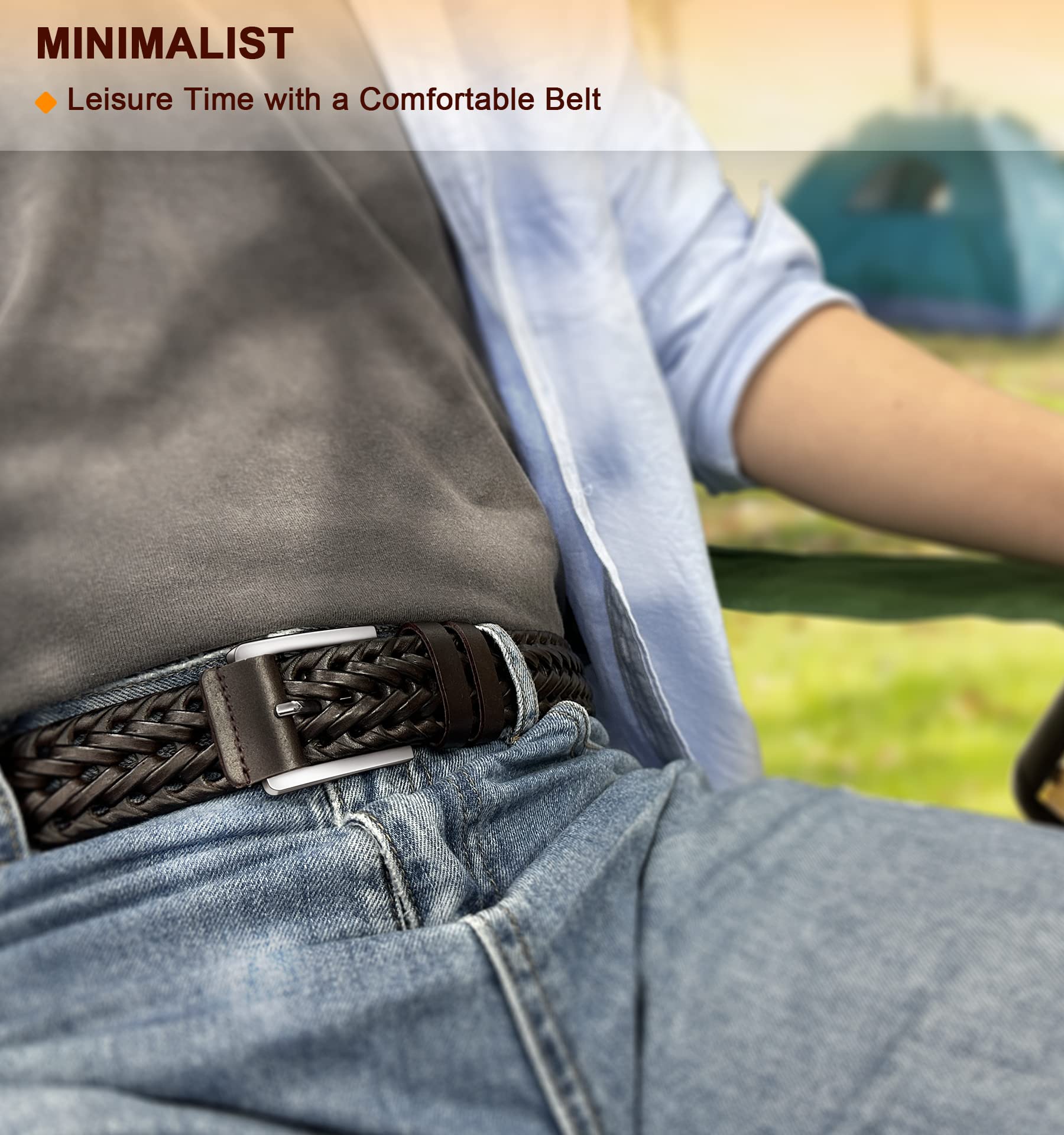 KEMISANT Mens belt 2 Pack, Woven Braided Leather Belt for Men Causal Golf Pants Polo Shirts Matching
