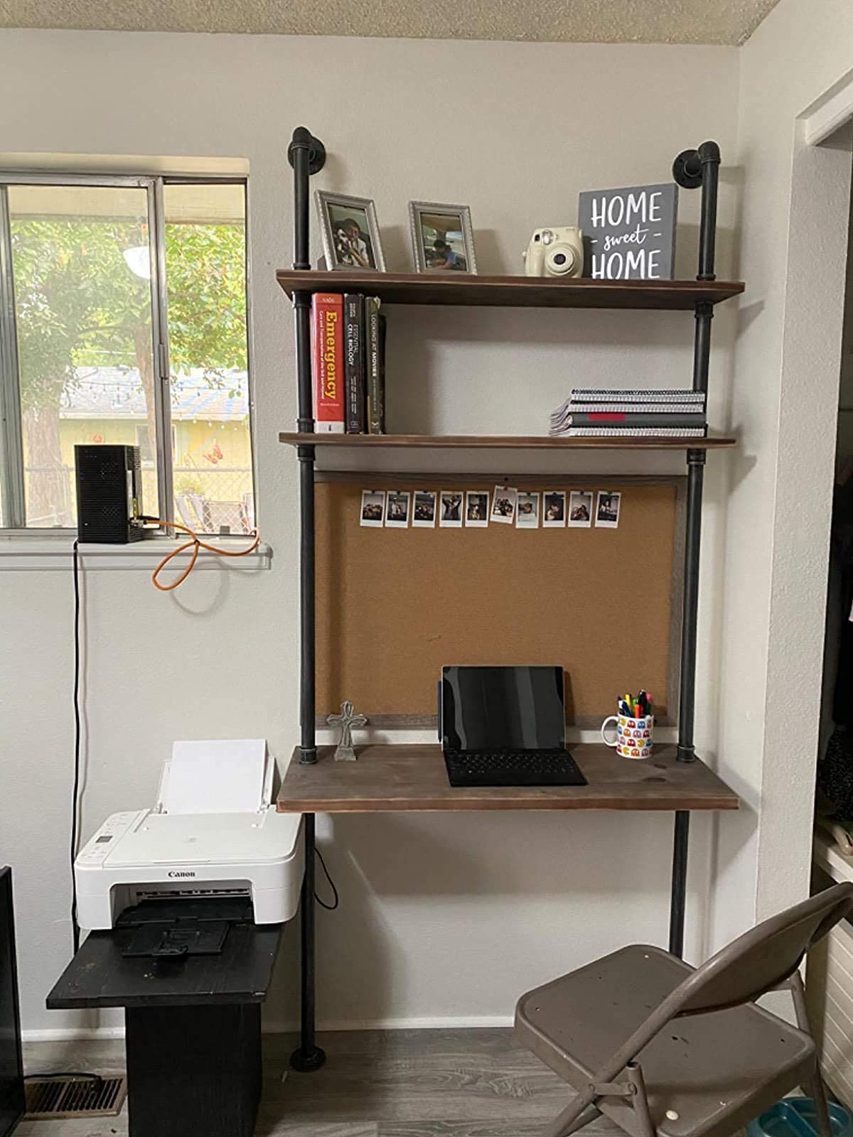 Industrial Style Laptop Desk Solid Wood Computer Desk Storage Table with Shelves Wall Shelf Bookshelf Floating Shelves for Home Office(Gray,Depth 14in)