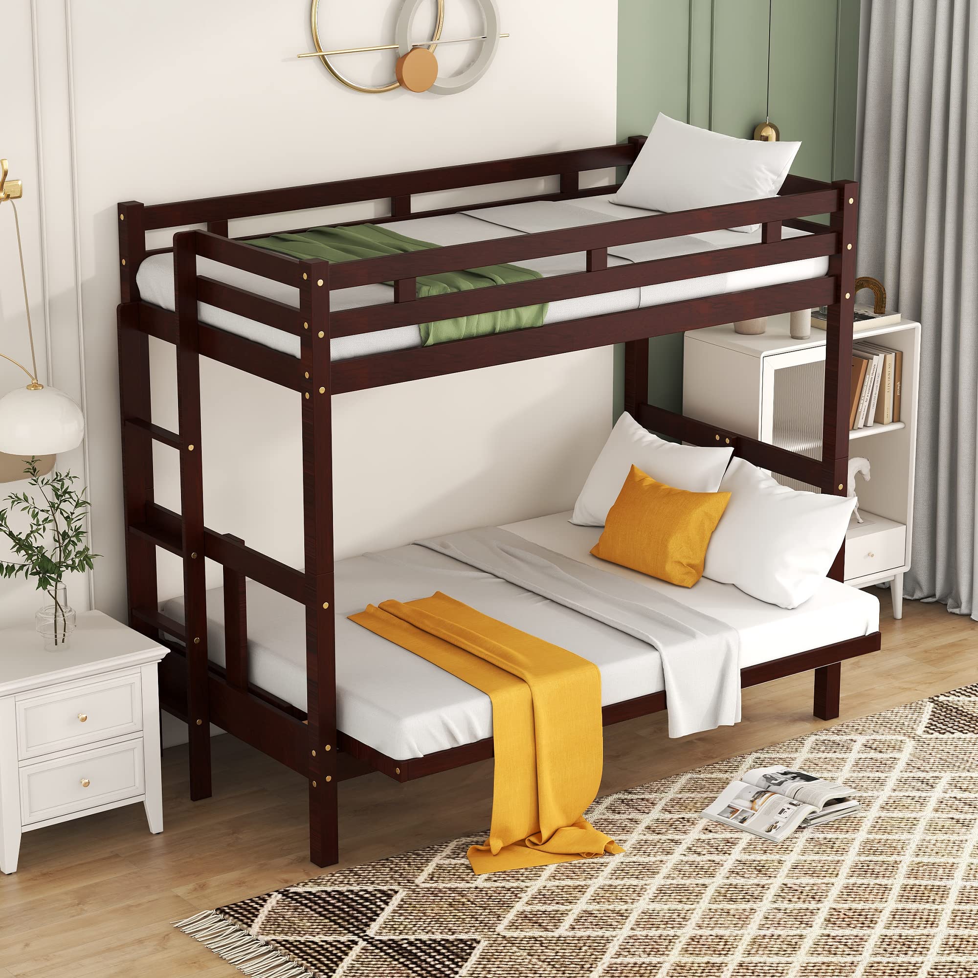 Harper & Bright Designs Twin Over Futon Bunk Bed,Wood Futon Bunk Bed Frame,Twin Over Full Bunk Bed with Couch,Detachable Bunk Bed Futon for Kids,Teens,Espresso