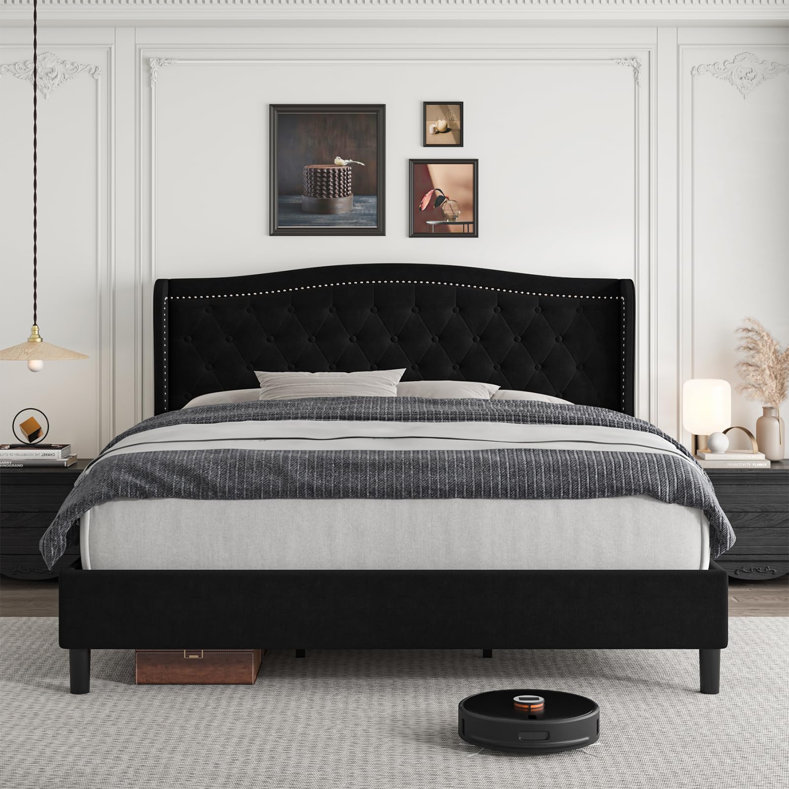HOSTACK Queen Size Bed Frame, Modern Upholstered Platform Bed with Wingback Headboard, Heavy Duty Button Tufted Bed Frame with Wood Slat Support, Easy Assembly, No Box Spring Needed(Black, Queen)