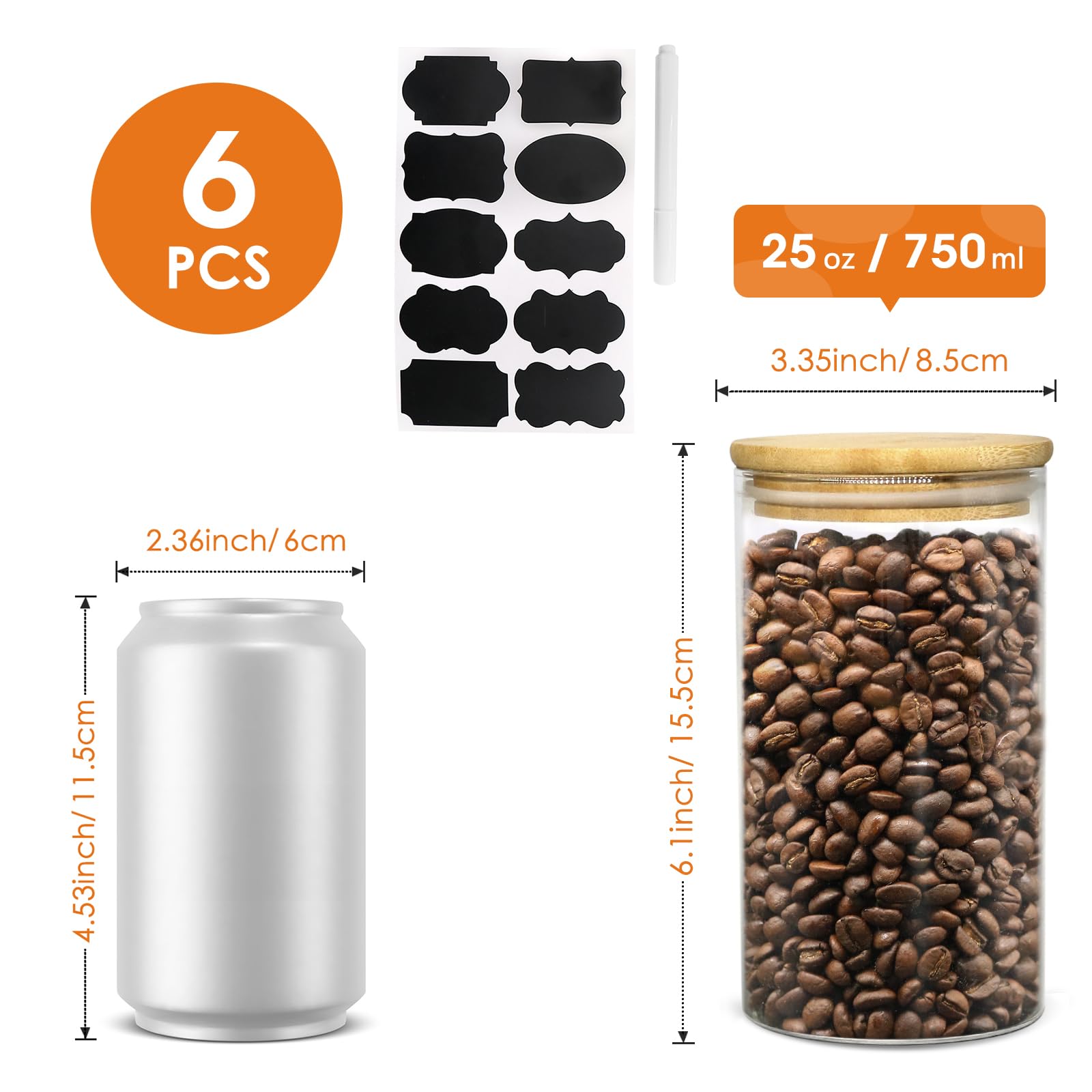 Hoanra 25oz Glass Jars with Airtight Bamboo Lids and Labels, Glass Food Storage Containers for Kitchen Pantry Organization for Coffee Tea Candy Cookie Nuts(6 Pack)