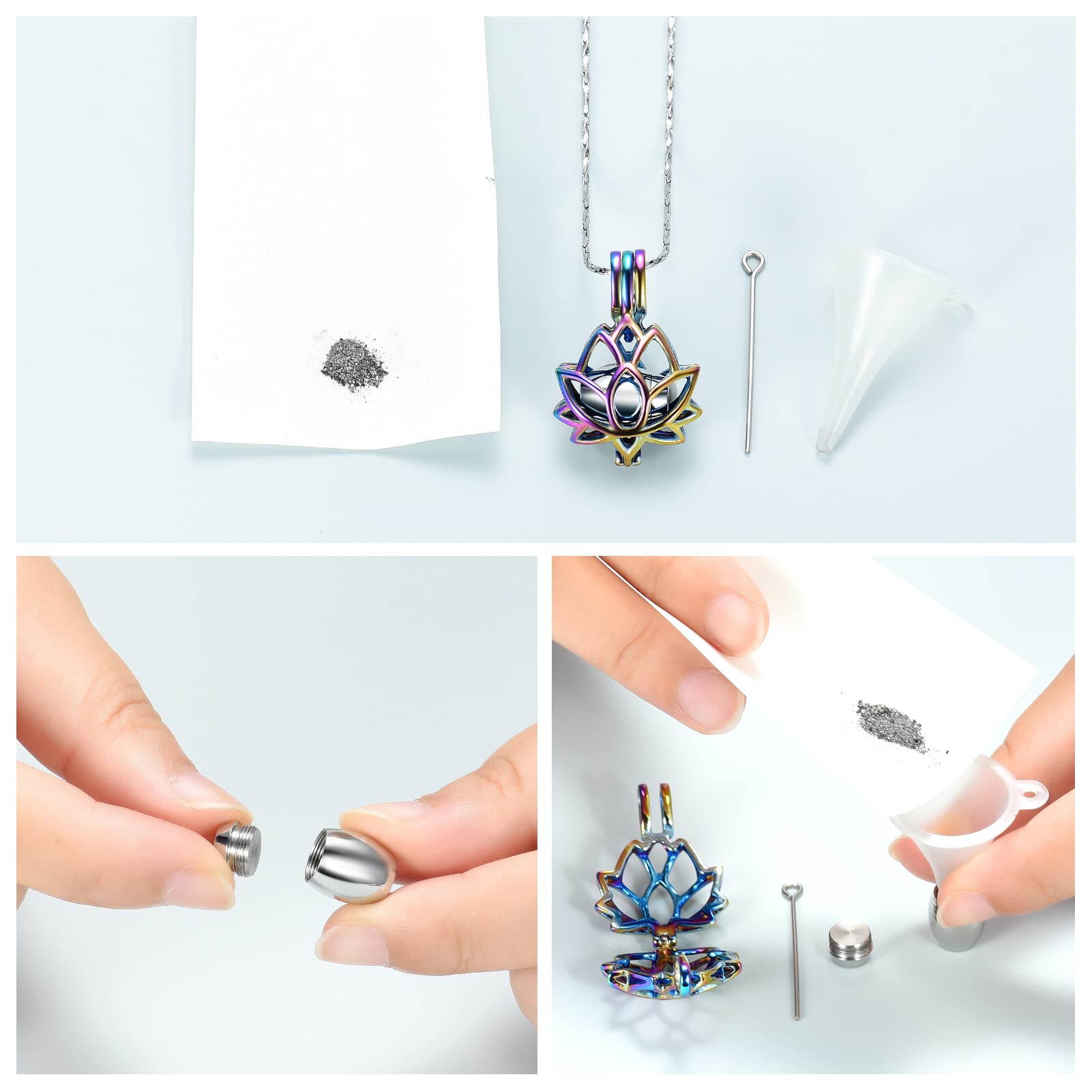 Imrsanl Cremation Jewelry for Ashes - Lotus Flower Ashes Pendant Necklace with Mini Keepsake Urn Memorial Ash Jewelry (Colorful-Silver)