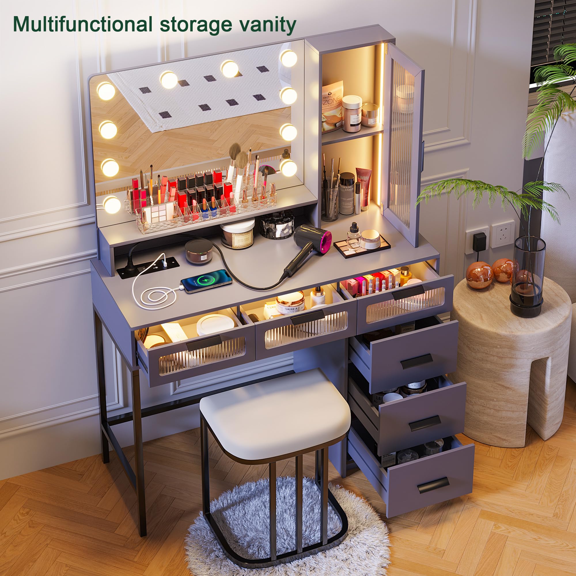 HNEBC Makeup Vanity with Lights, Vanity Makeup Desk with Charging Station,Vanity Table Set with LED Mirror, Vanitys with 6 Drawers/Stool, with Senser Mode Dressing Table, Grey
