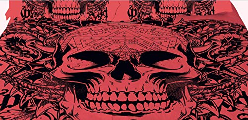 YSJ 3 PCS Skull Twin Full Queen King Duvet Cover Set with Zipper Closure,Ties-Black Red Skull Pattern Printed-King Size Bedding Set Comforter Protector Pillowcases (Queen)