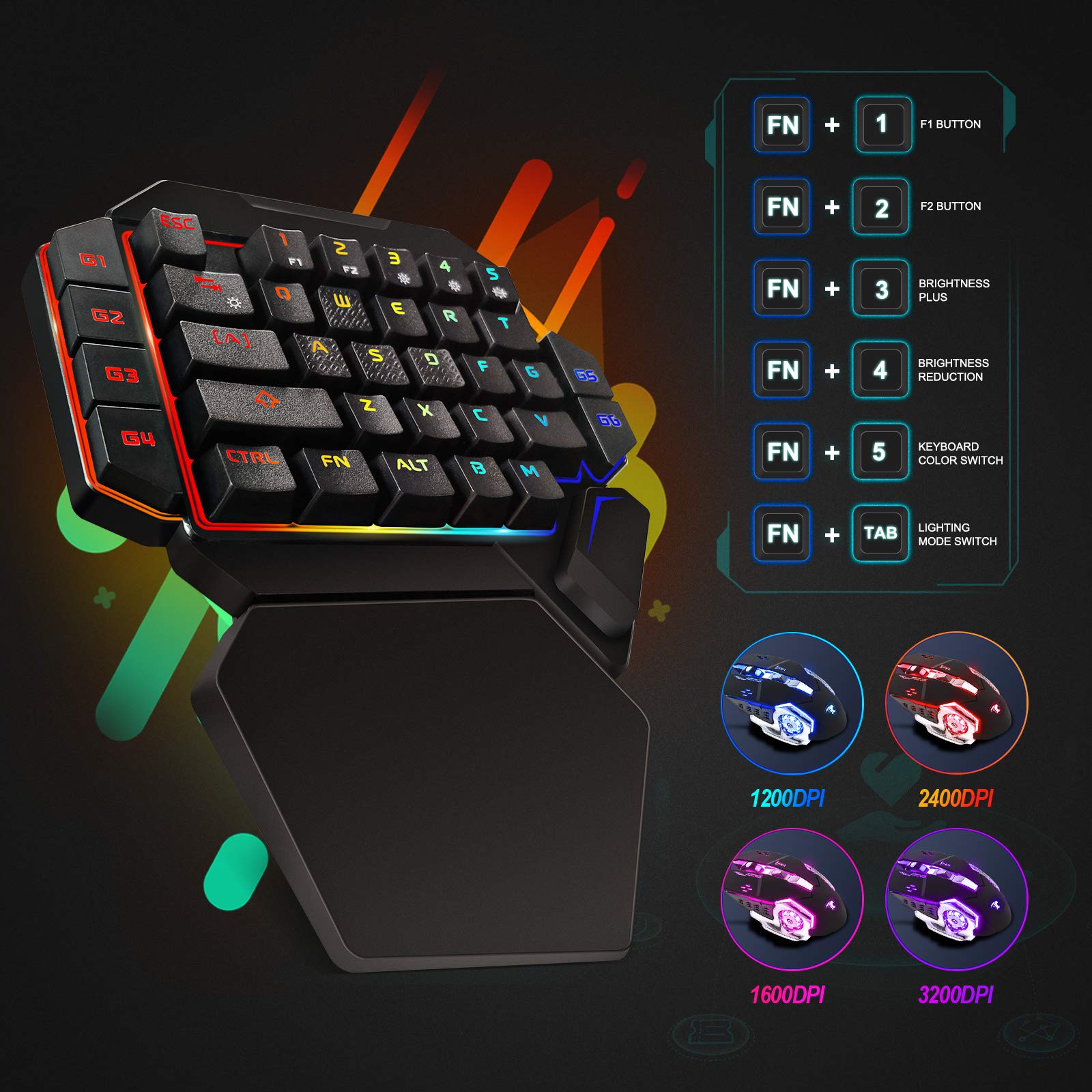 Ippinkan One Hand RGB Gaming Keyboard and Backlit Mouse Combo Gaming Mechanical Keyboard 35 Keys Rainbow Backlight Waterproof one Handed Keyboard for Laptop PC