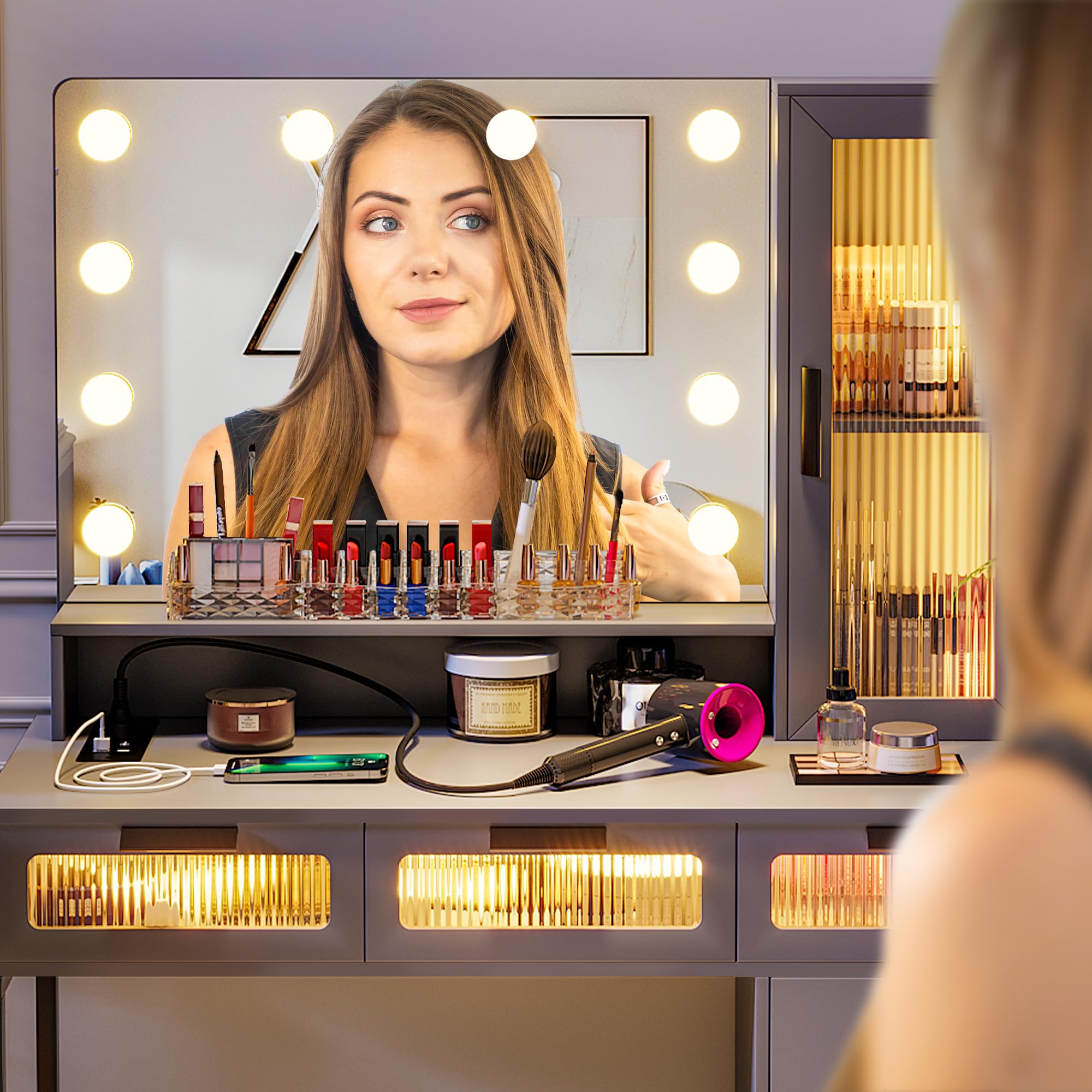 HNEBC Makeup Vanity with Lights, Vanity Makeup Desk with Charging Station,Vanity Table Set with LED Mirror, Vanitys with 6 Drawers/Stool, with Senser Mode Dressing Table, Grey