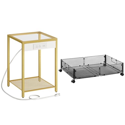 HOOBRO Side Table with Charging Station and Under Bed Storage Bundle, End Table with USB Ports and Outlets, Modern Metal Frame, for Bedroom, Living Room, GD76UBZ01-BK01BS01