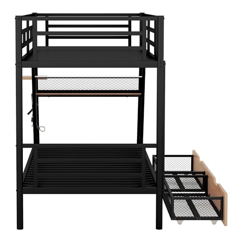 HBRR Metal Bunk Beds with Built-in Desk, 2 Storage Drawers and Light Strip, Twin Over Twin Bunk Bed Frame, Heavy Duty Steel BunkBed for Kids/Teens/Adults, No Box Spring Needed, Black