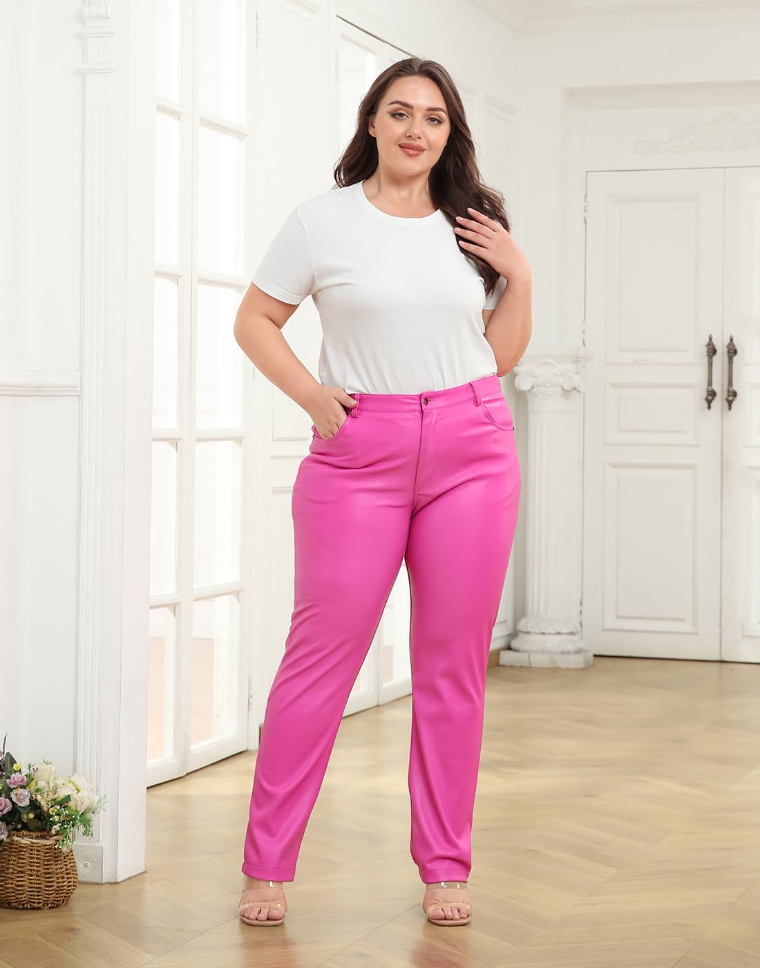 HDE Women's Plus Size Faux Leather Pants High Waist Straight Leg Pant w/Pockets Hot Pink - 1X