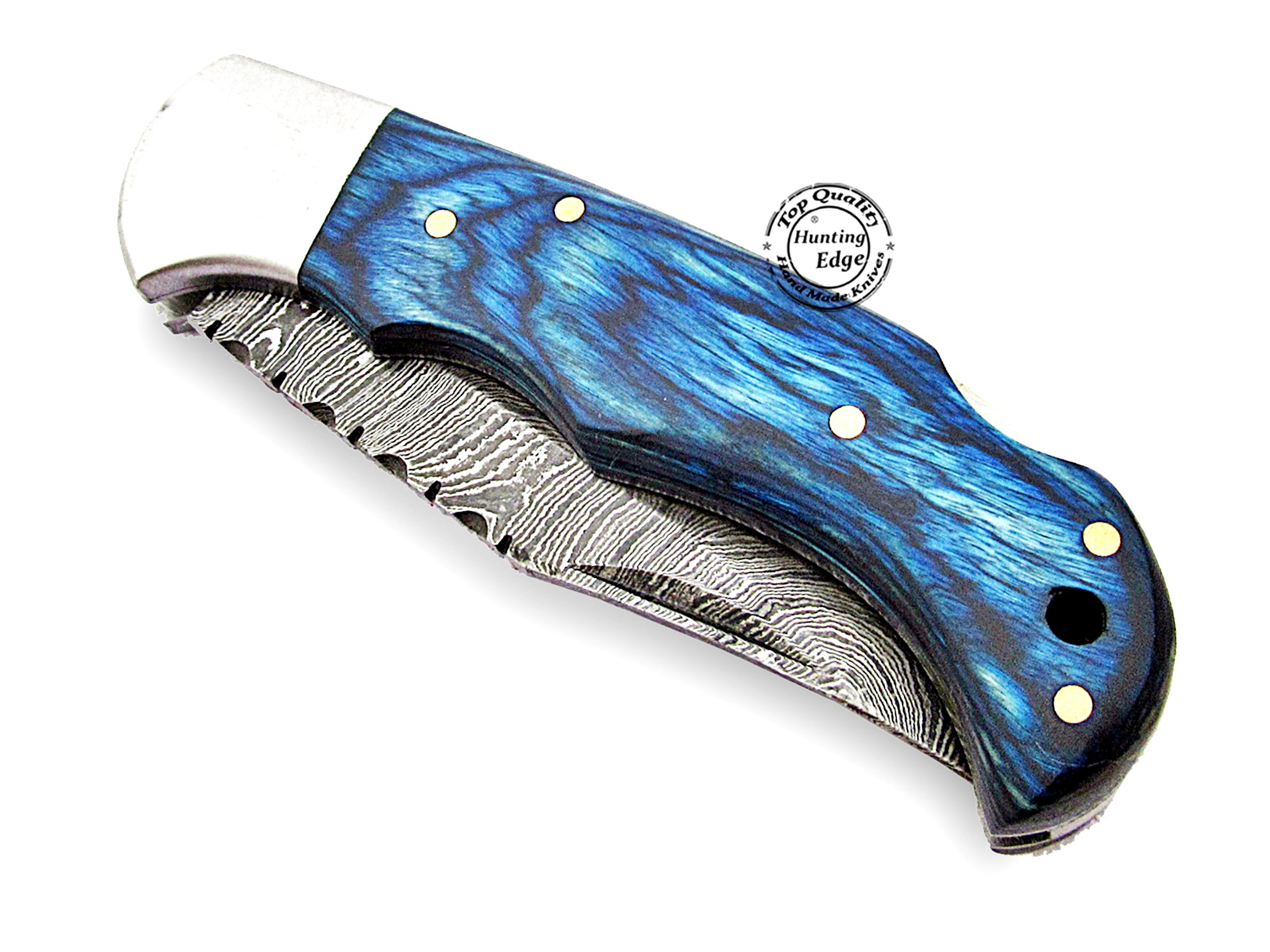 Hunting Edge Blue Wood 6.5'' 100% Handmade Damascus Steel Folding Pocket Knife 100% Prime Quality