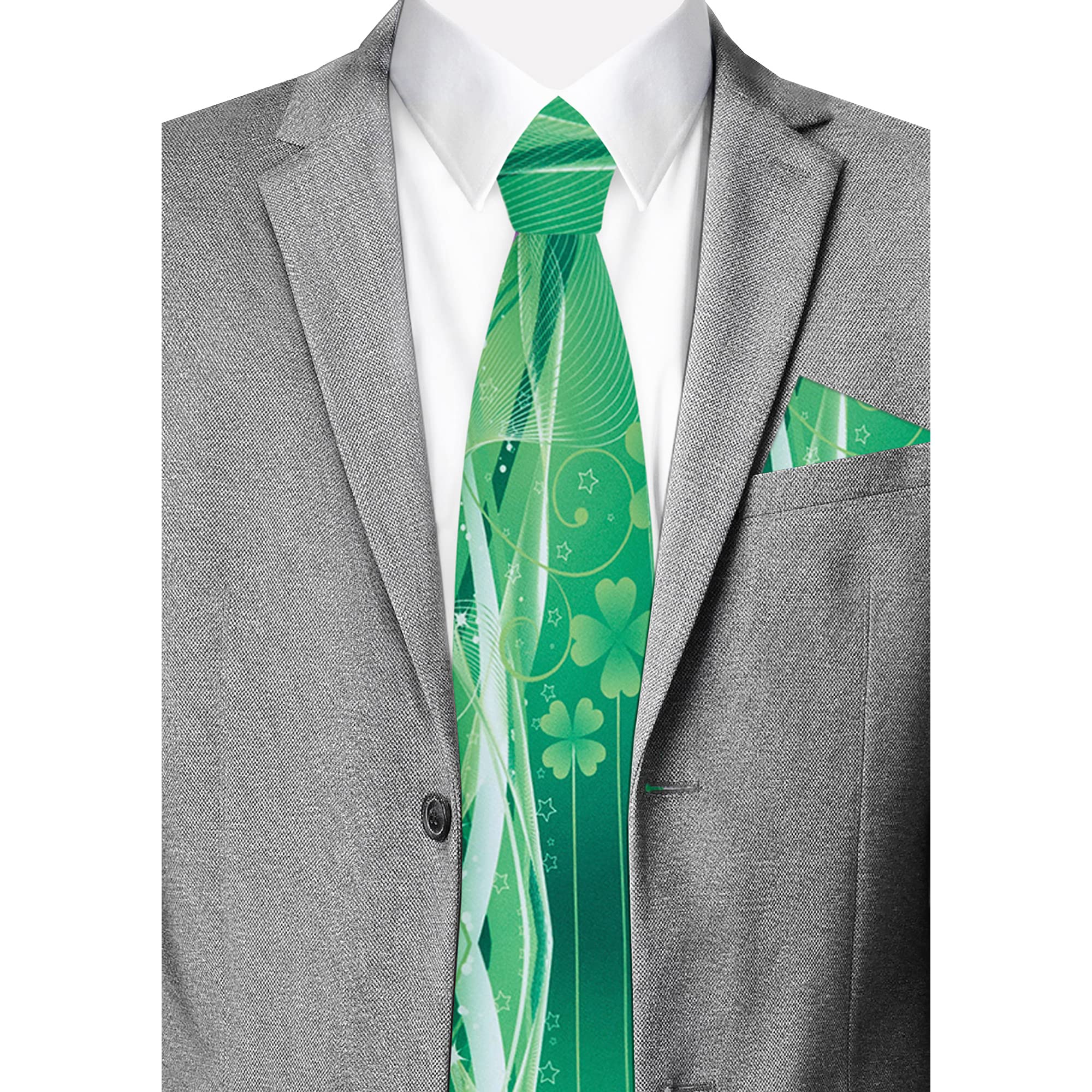 Jacob Alexander Men's Happy Saint Patrick's Day Abstract Wavy Four-Leaf Clover Stars Regular Length Neck Tie - Green