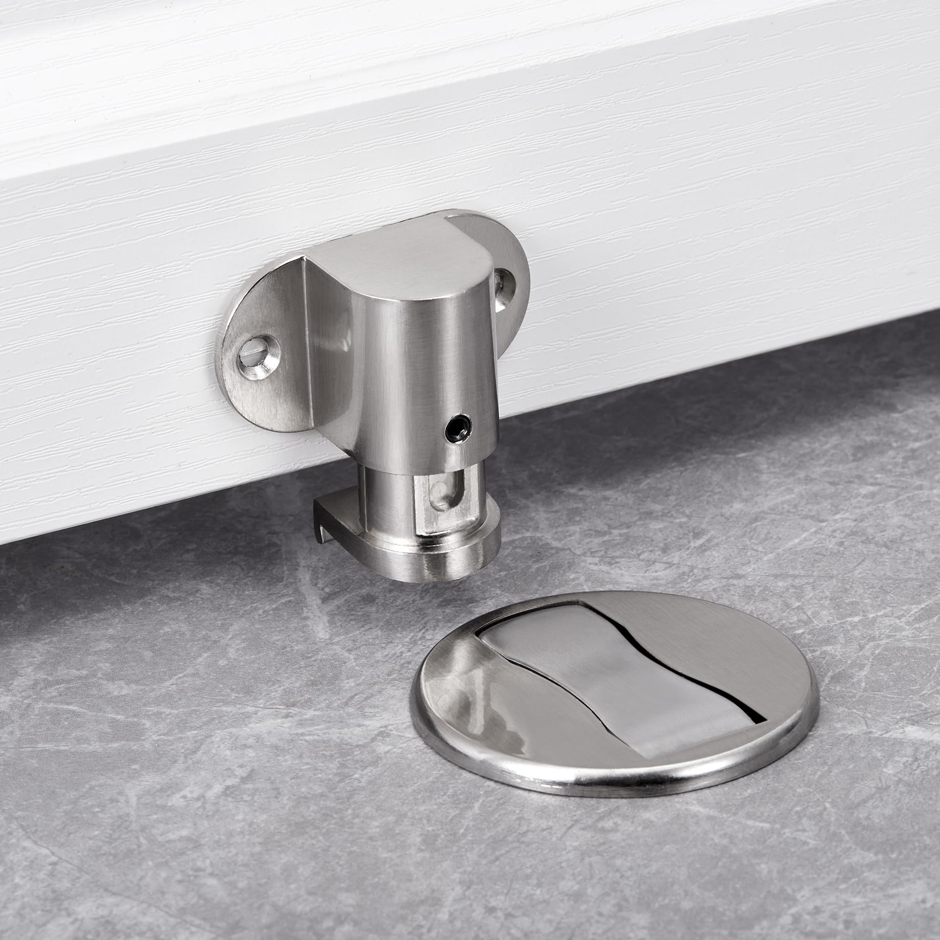 INIRET Silvery Floor Mount Door Stopper,Height-Adjustable Invisible Magnetic Door Stop,Door Catch/Stopper for Bottom of Door,Hold Your Door Open,with Adhesive No Drilling,for Home Office Bedroom