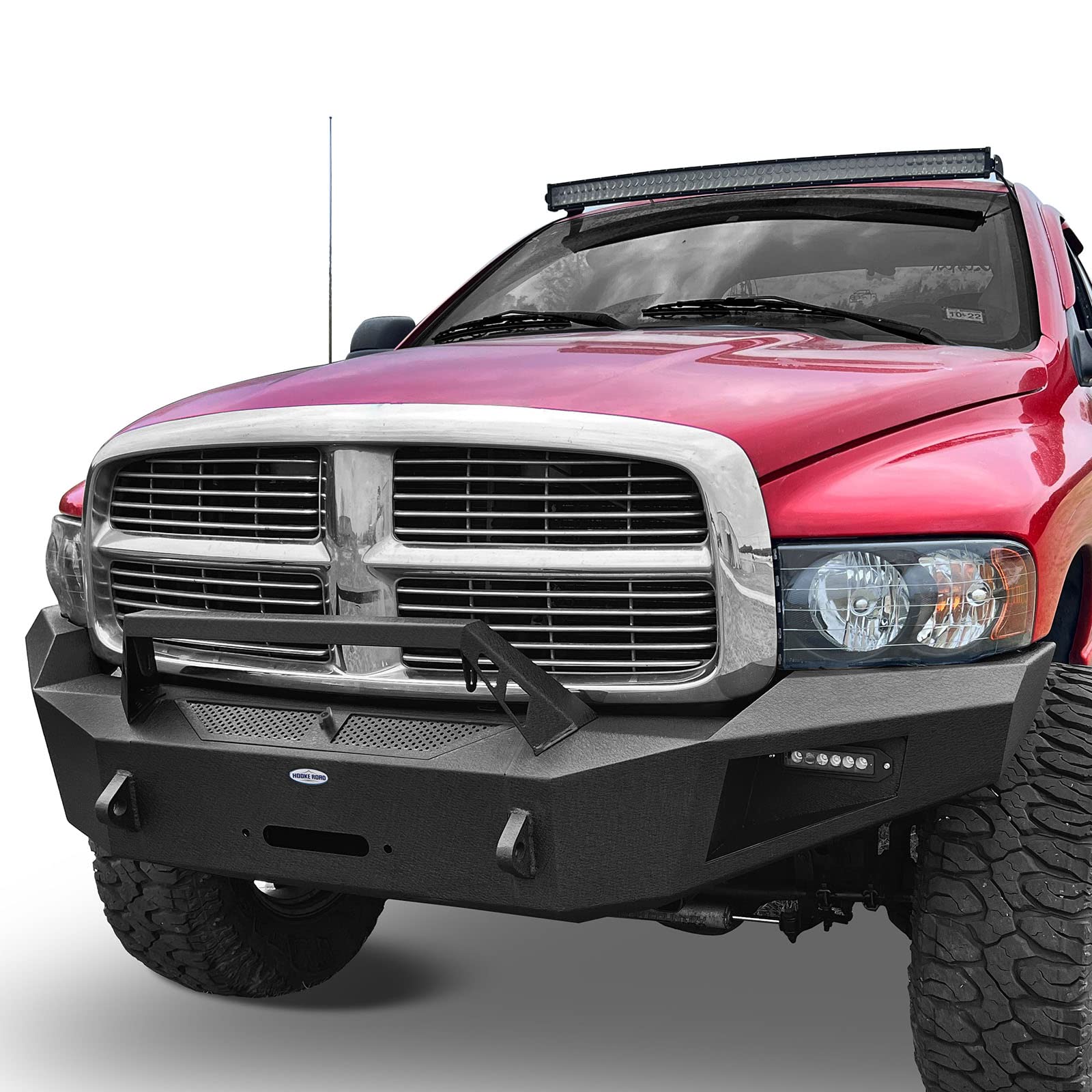 Hooke Road 03-05 Ram Full Width Front Bumper w/Winch Plate & LED Spotlights for 2003 2004 2005 Dodge Ram 2500 3500 Truck (Excluding Diesel Models), Solid Steel Offroad Bumper