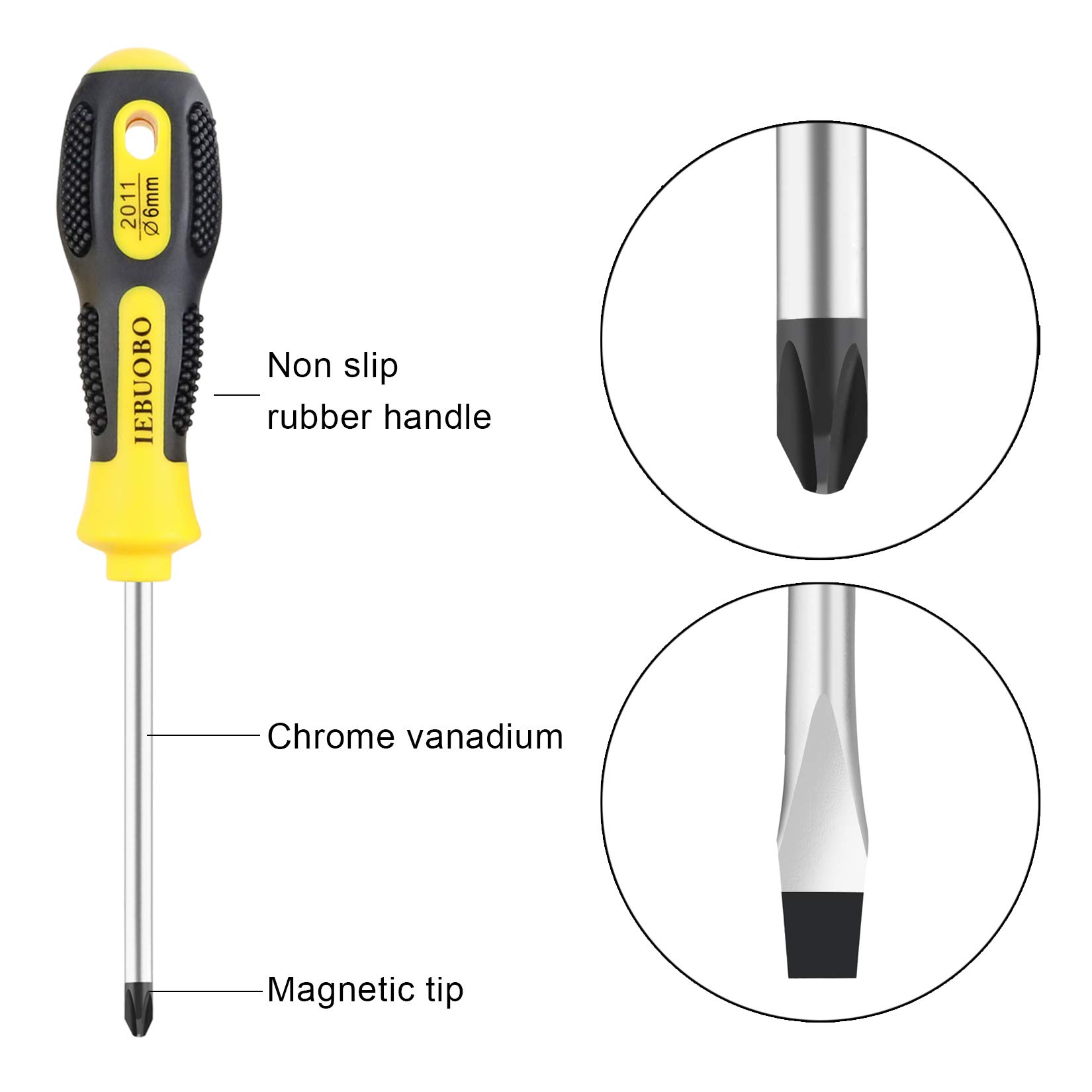 IEBUOBO Slotted and Phillips Screwdriver, PH2 8" Long Cross-head Screwdriver & Flat Blade Screwdriver, 2 Packs Magnetic Screwdriver with Rubber Handle, With Magnetizer/Demagnetizer Tool