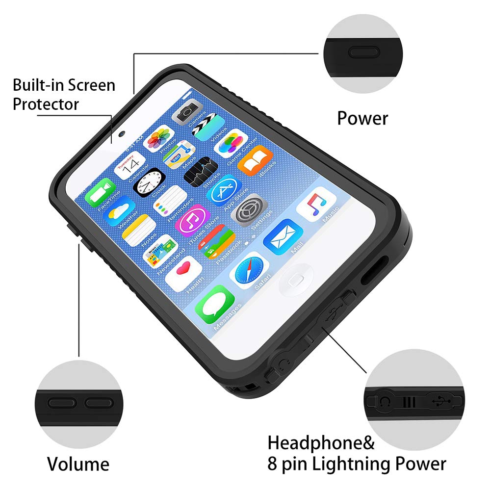 iPod 5 iPod 6 iPod 7 Waterproof Case, Re-Sport Shockproof Dustproof Snowproof Full-Body Protective Case Cover Built-in Screen Protector Compatible iPod Touch 5th/6th/7th - Black