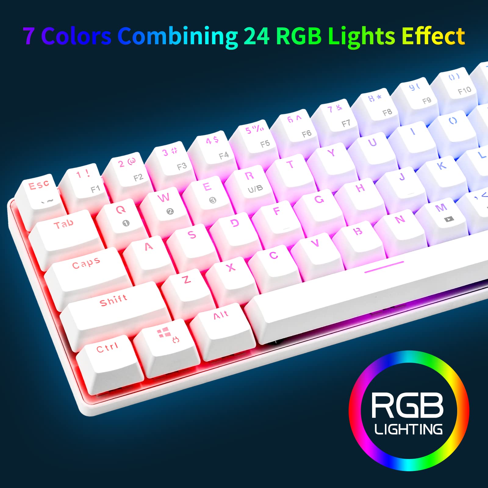 HUO JI Wireless Mechanical Gaming Keyboard, RGB Backlit, Bluetooth 5.0, Red Switches, CQ63 60% Compact 63 Keys Wired Keyboard for PC Tablet Laptop Cell Phone, White