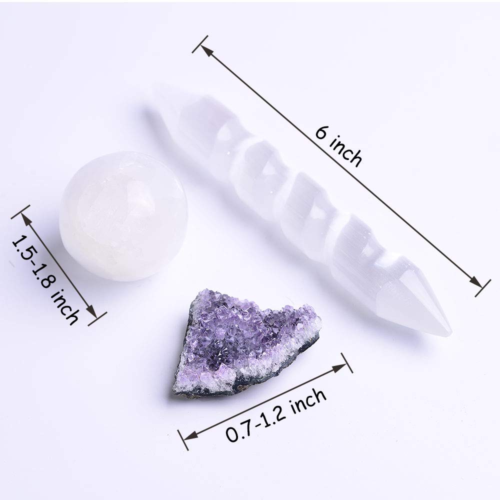 JIC Gem Healing Crystals Kit (16 pcs Set), 6 Raw Chakra Stones, 7 Tumbled Gemstones, Amethyst, Selenite Spiral Wand Double Points, Selenite Sphere Ball