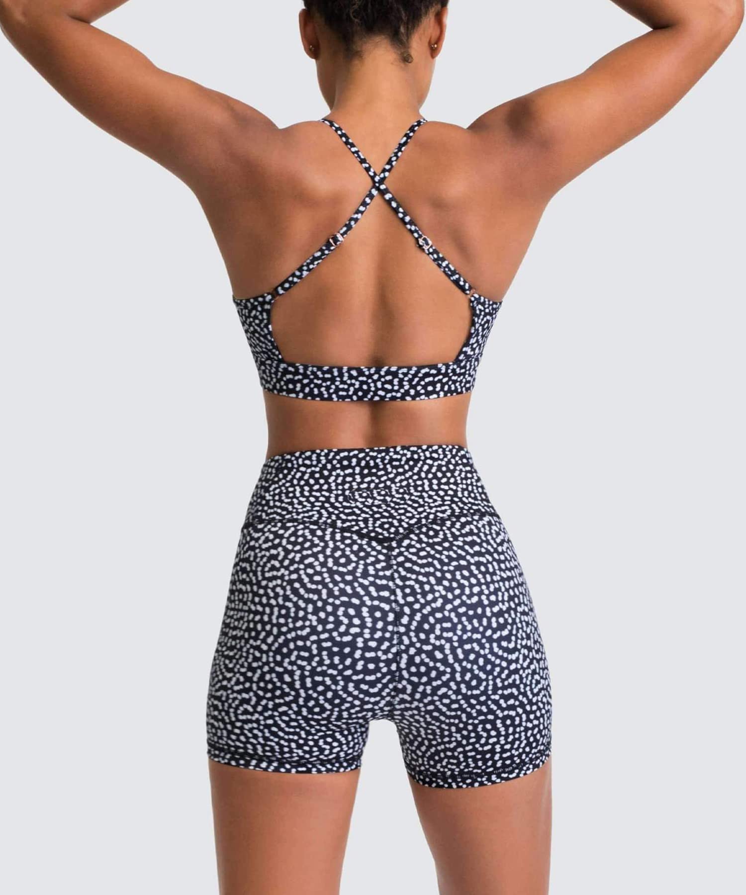 IWEMEK Women Workout Sets 2 Piece Polka Dot Print High Wasit Biker Shorts + Backless Adjustable Strap Sport Bra Yoga Outfits Exercise Running Gym Clothes Black Polka Dots Medium
