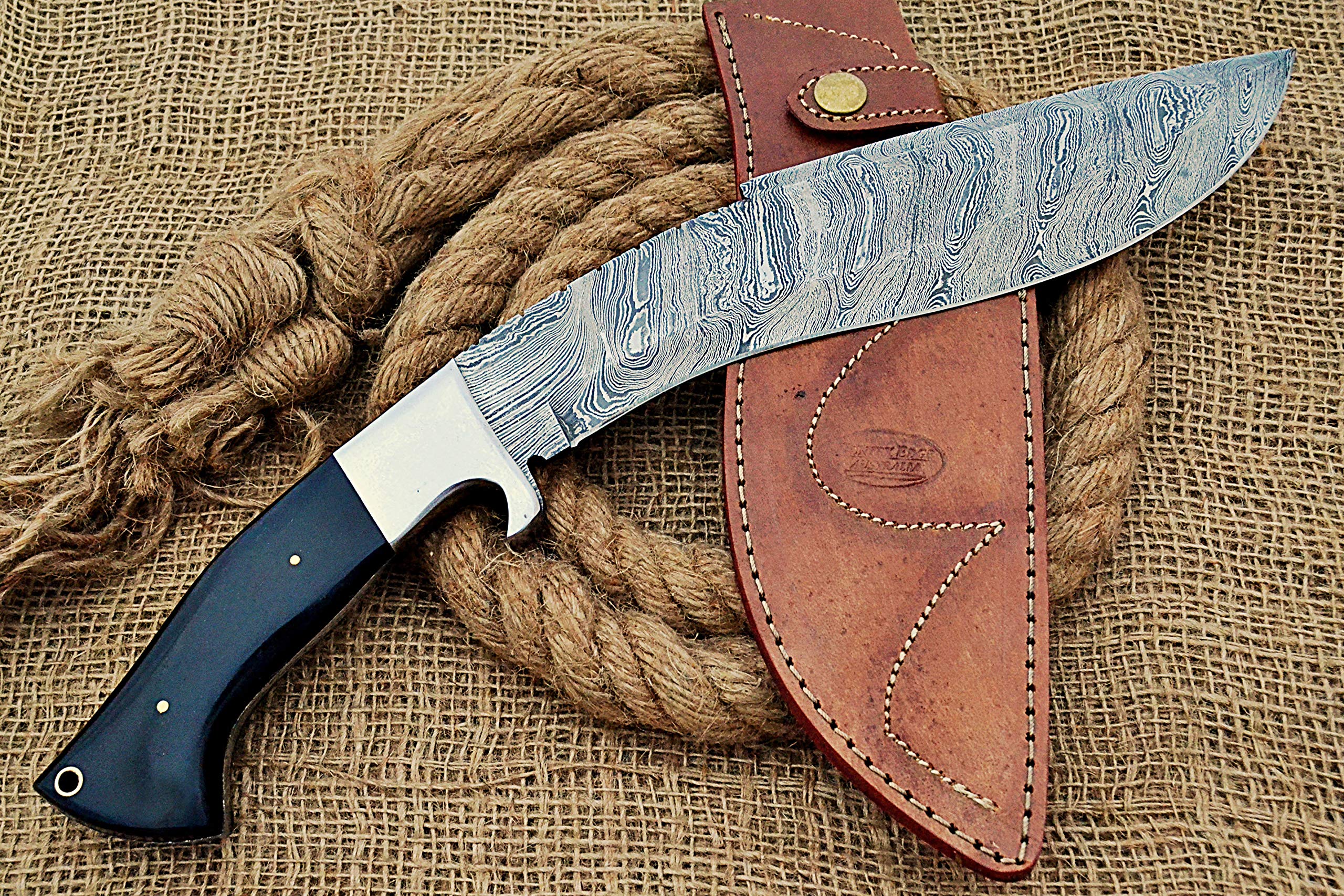 HUNTEX Handmade Hand-Forged Twist Pattern Damascus Steel 15 Inch Long Full Tang Natural Buffalo Horn Handle Razor Sharp Hunting Camping Kukri Knife w/Genuine Leather Sheath