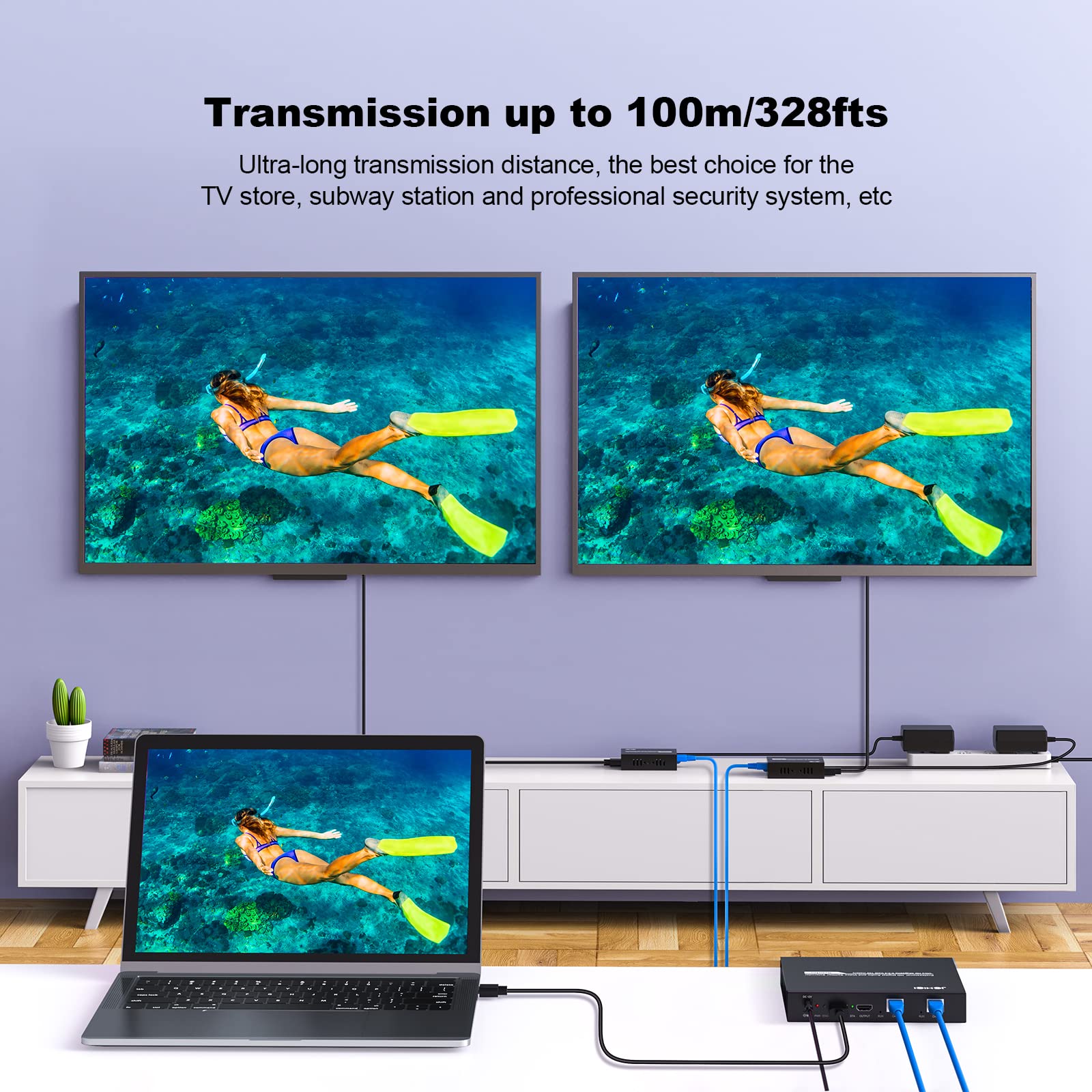 HDMI Extender Splitter 1 x 2, JCHICI 4K@30Hz 100M(328fts) HDMI Extender Over Cat5e/6 with Loopout and EDID Copy Function, Lossless Transmission and Zero Latency, Support 3D