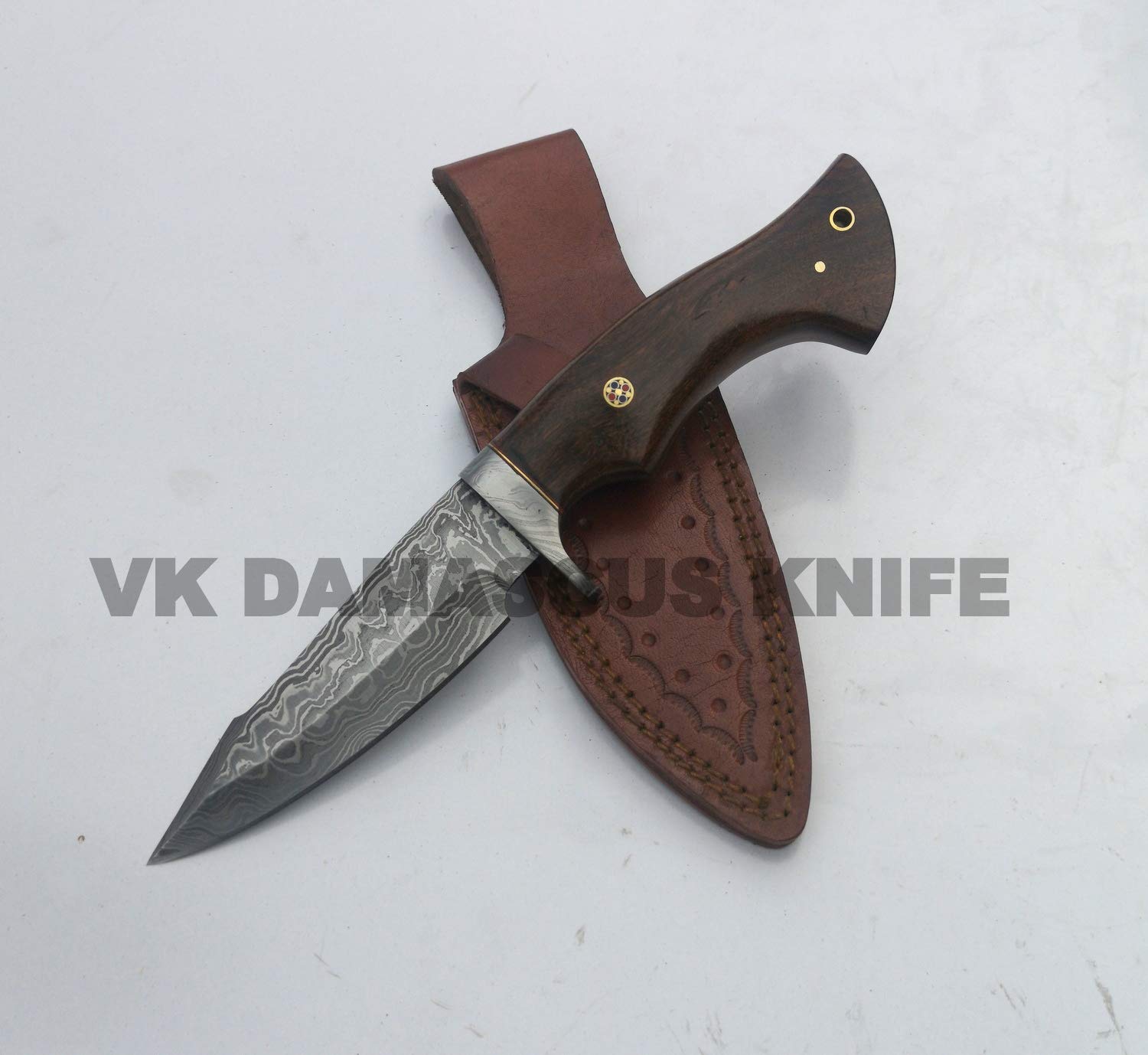 JNR Traders Damascus Steel Fixed Blade Hunting Knife with Leather Sheath - 2533