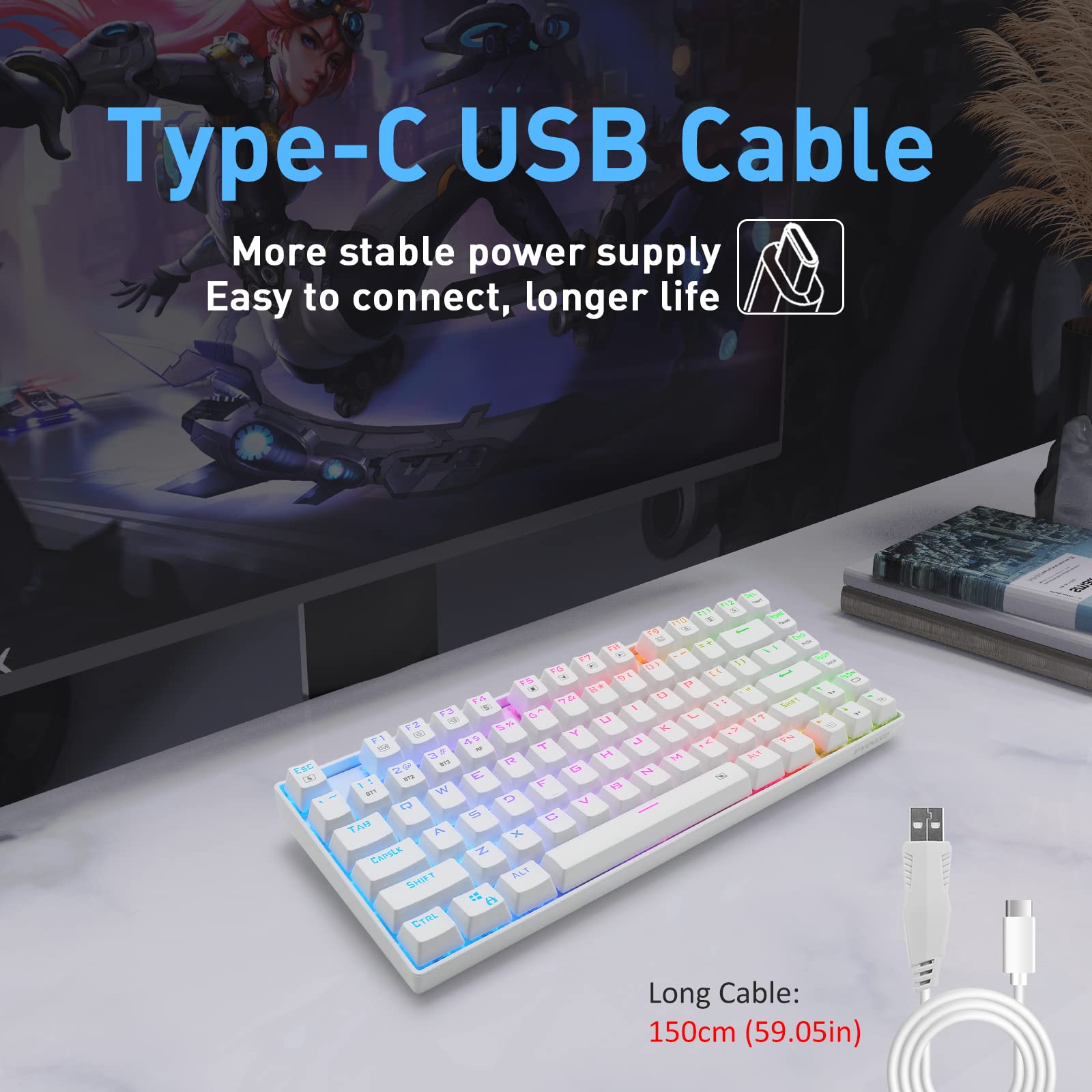 HUO JI Wireless RGB Mechanical Keyboard,Bluetooth/2.4Ghz/Wired Z-88 Gaming Keyboard with Clicky Blue Switches RGB LED Backlit 81 Keys Compact for Mac, PC, White