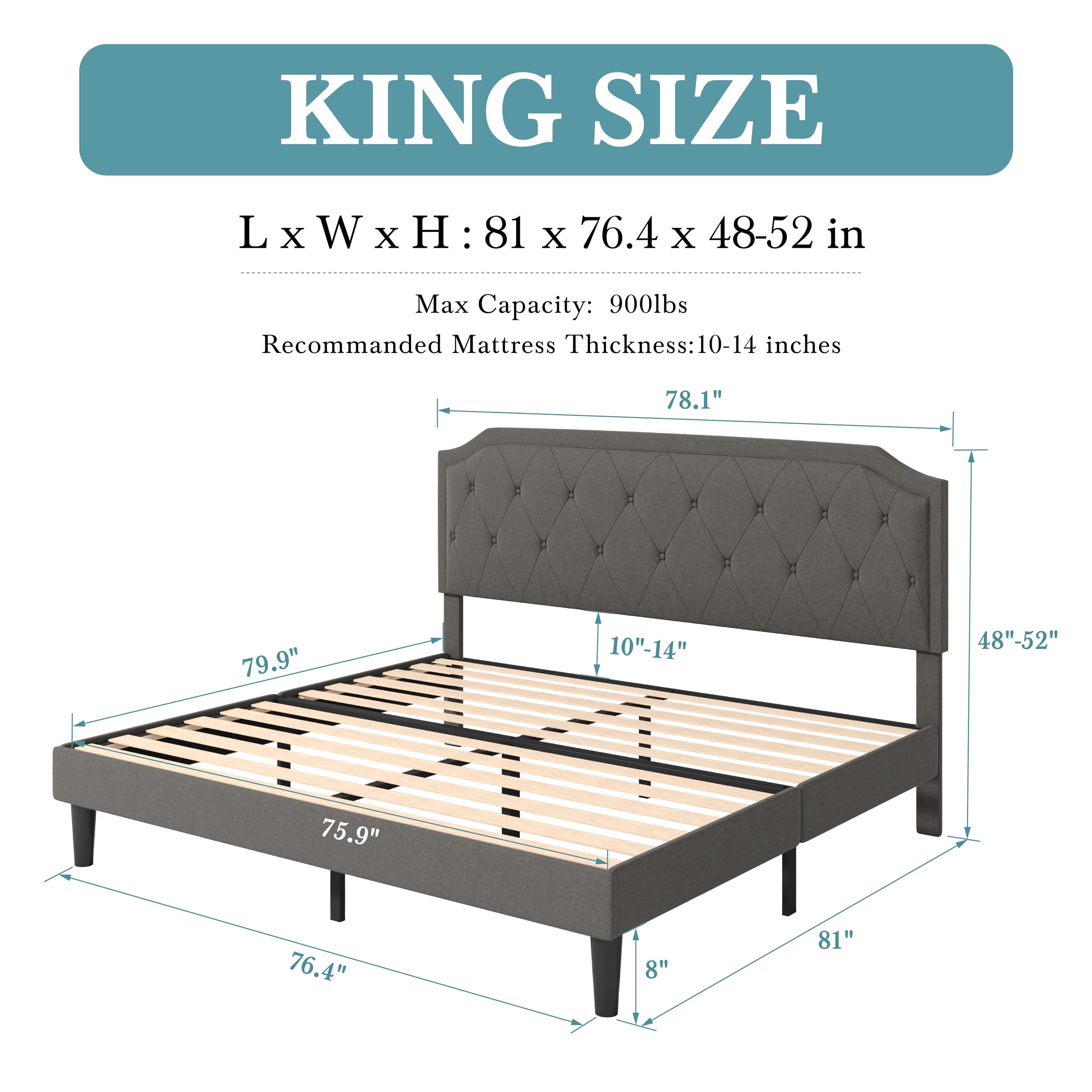 HOOMIC King Size Platform Bed Frame with Adjustable Diamond-Tufted Headboard, Fabric Upholstered, Wooden Slats Support, No Box Spring Needed, Easy Assembly,Dark Grey