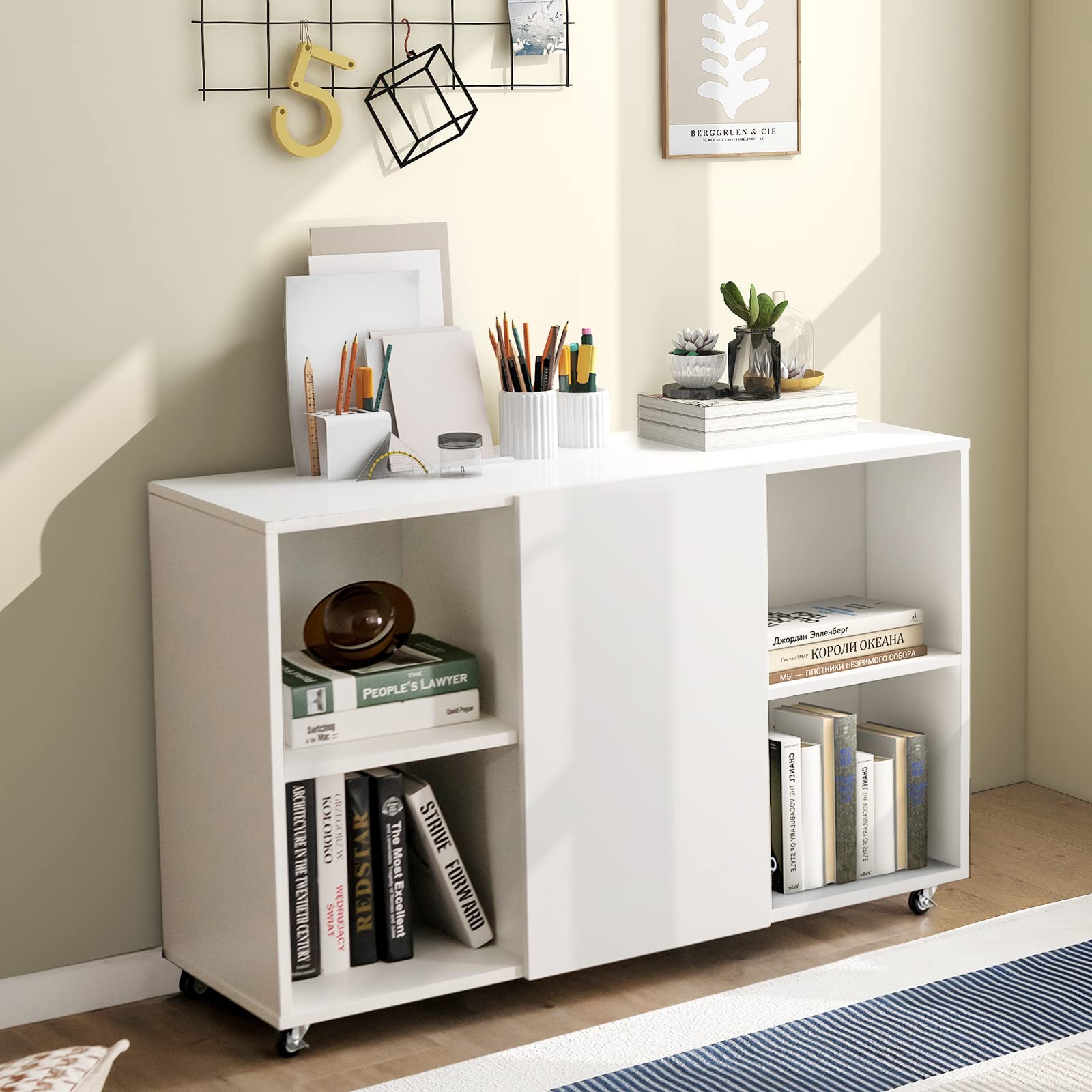 IFANNY Lateral File Cabinet, Wood Storage Cabinet with Doors and Shelves, Kitchen Buffet Sideboard with 6 Universal Wheels, Modern Printer Stand, Mobile Filing Cabinets for Home Office (White)