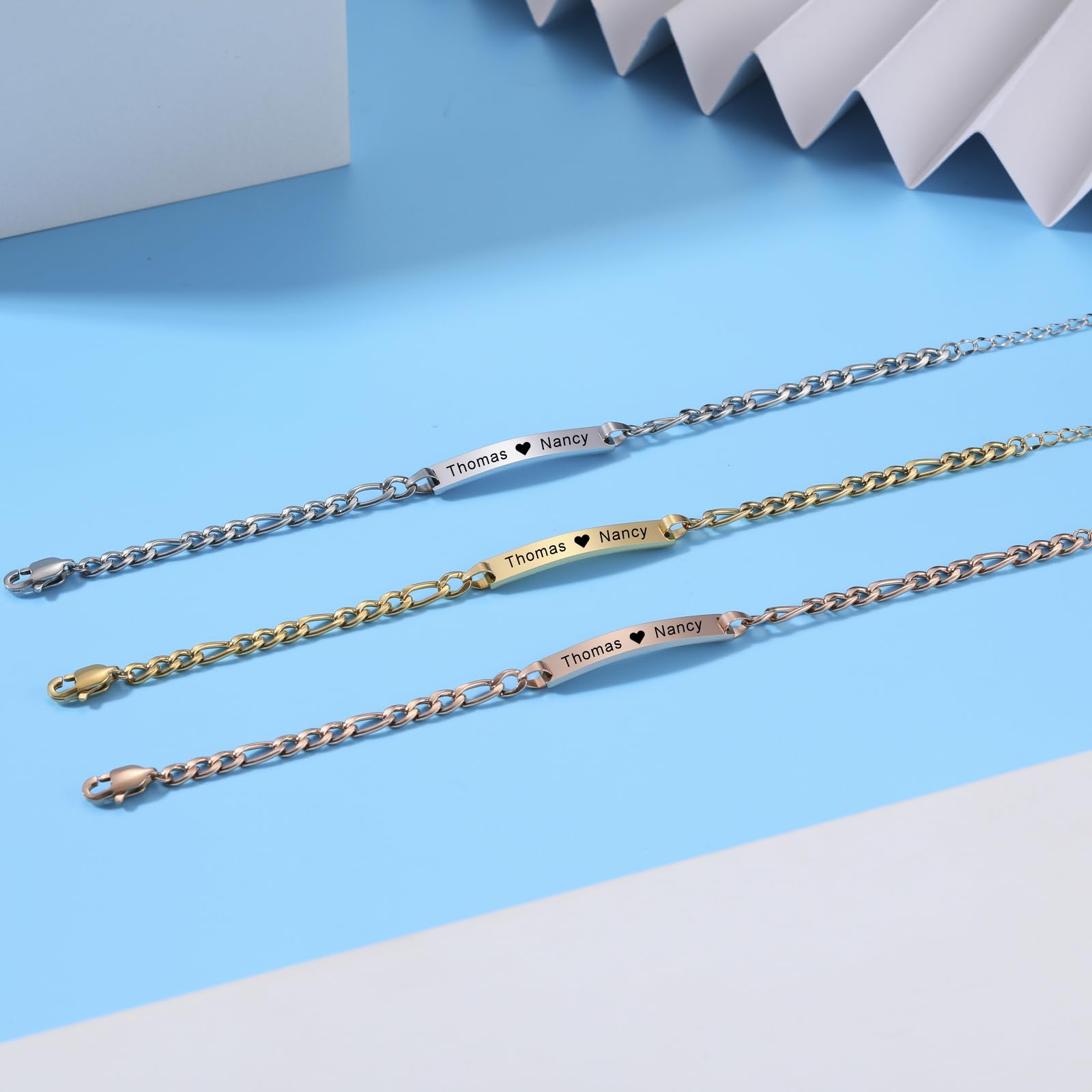 INBLUE Personalized Customized Bar Bracelets Engraved Name for Women Girlfriend with Adjustable Chain Stainless Steel Jewelry Bridesmaid Gifts